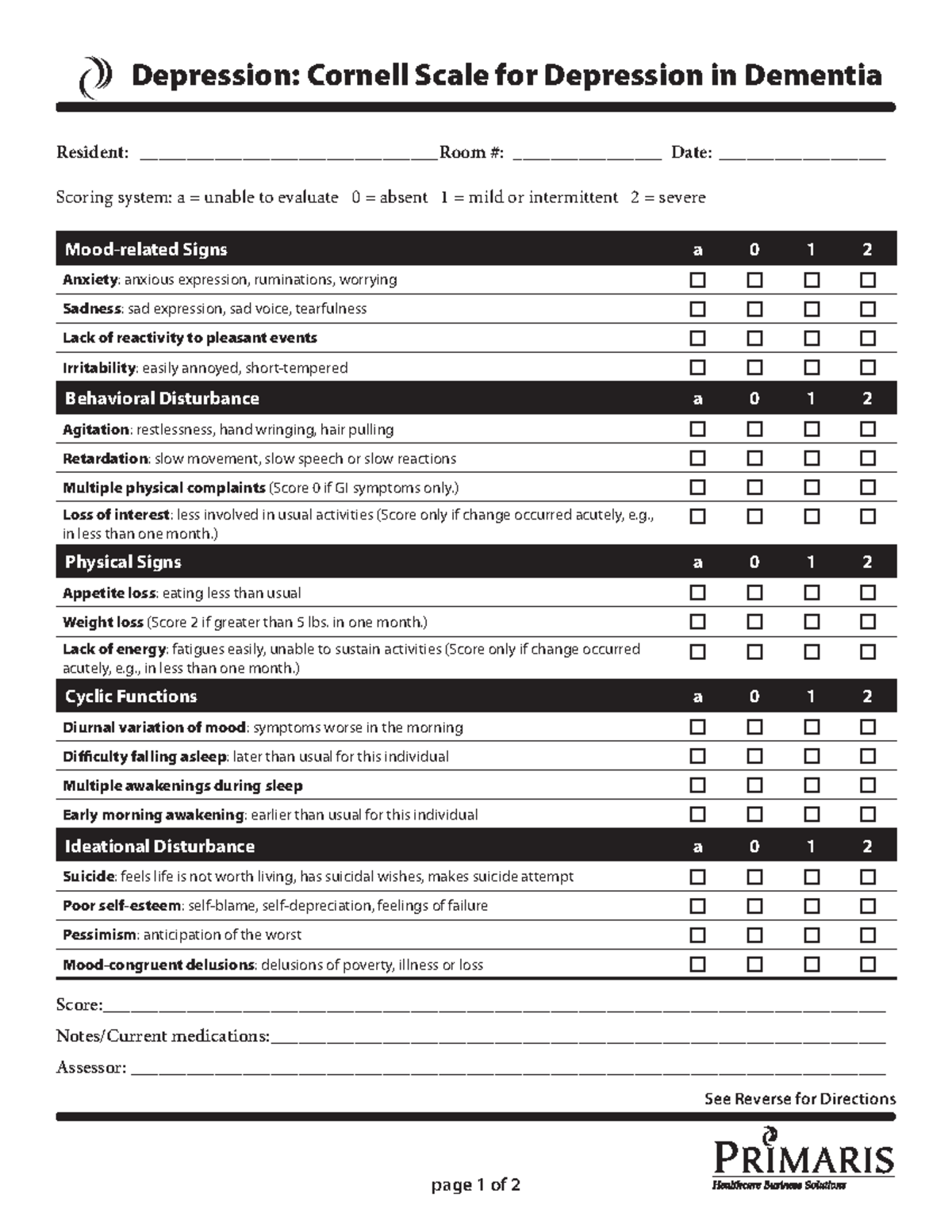 Cornell Depression Scale - Depression: Cornell Scale for Depression in ...