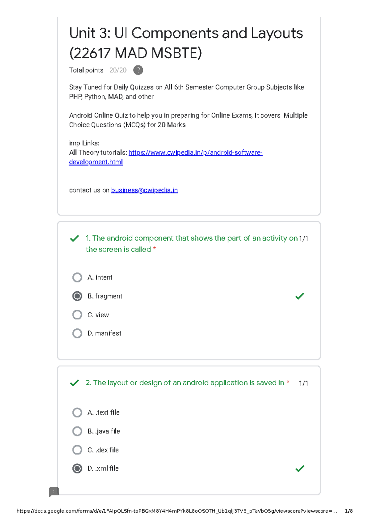 Unit 3 UI Components and Layouts Unit 1 Android and it's Tools Quiz {MAD cwipedia} - 1/ A ...