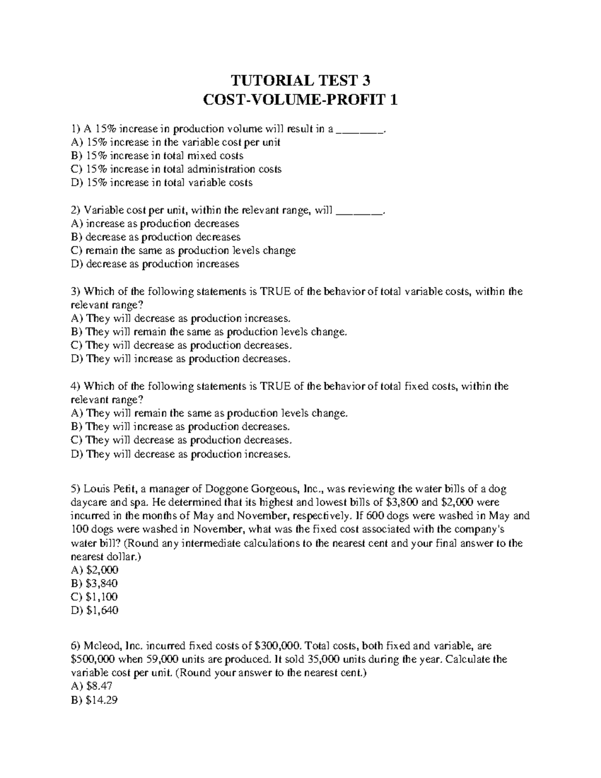 TT03 CVP1 - môn tdcn - TUTORIAL TEST 3 COST-VOLUME-PROFIT 1 A 15% ...