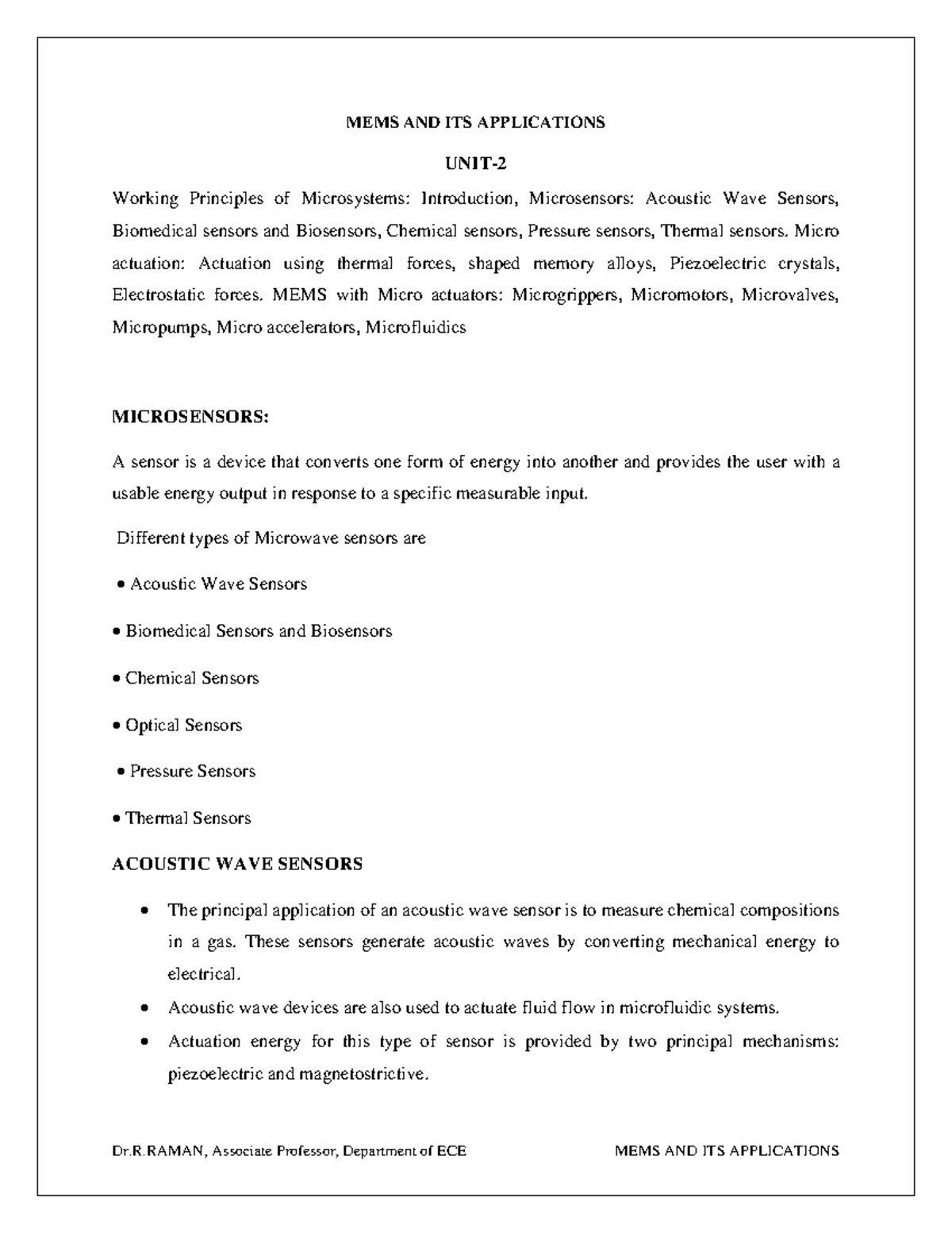 Mems Unit 2 Mems And Its Applications Mems And Its Applications Unit Working Principles Of