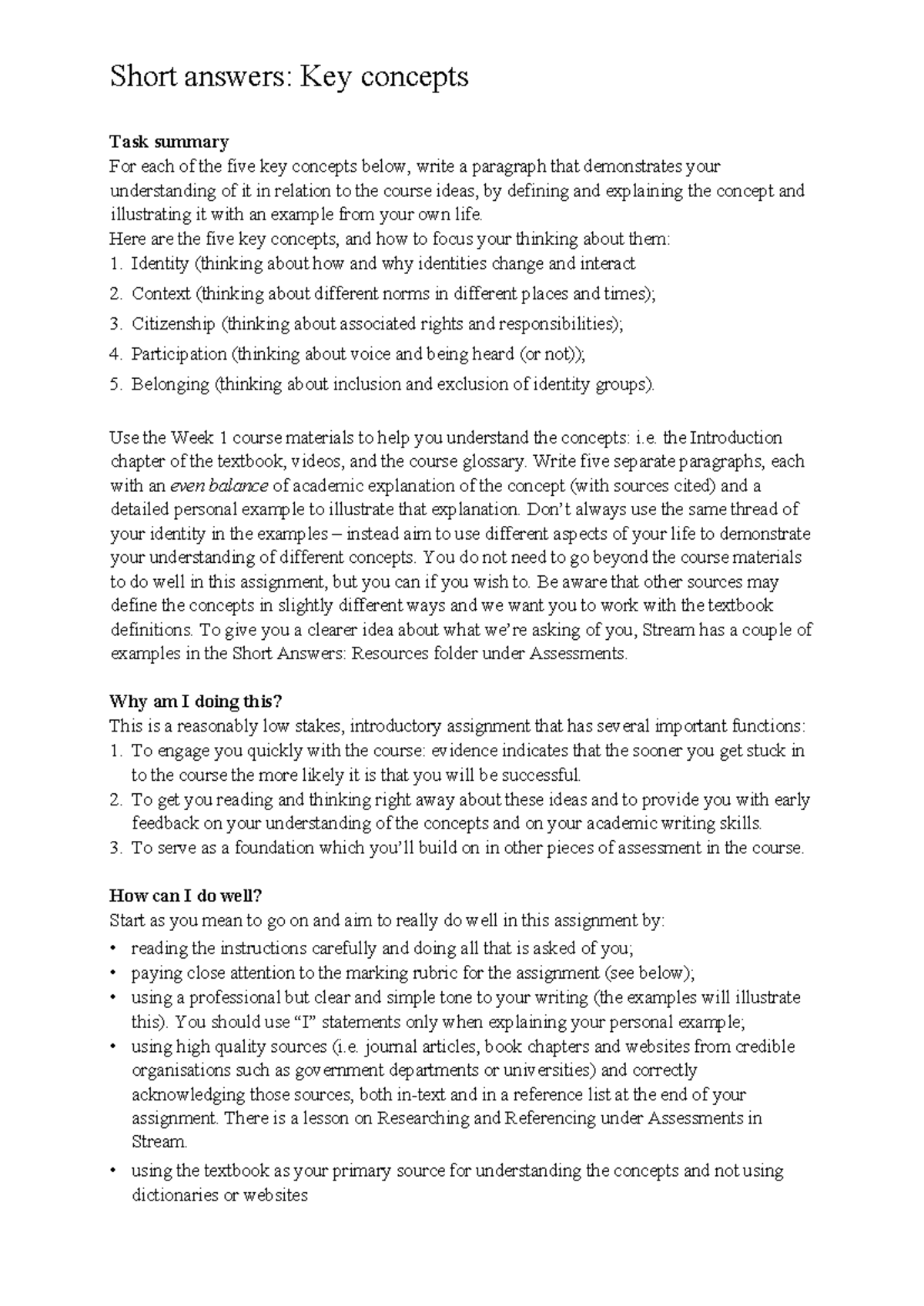 Short answers guidelines and marking rubric - Short answers: Key ...
