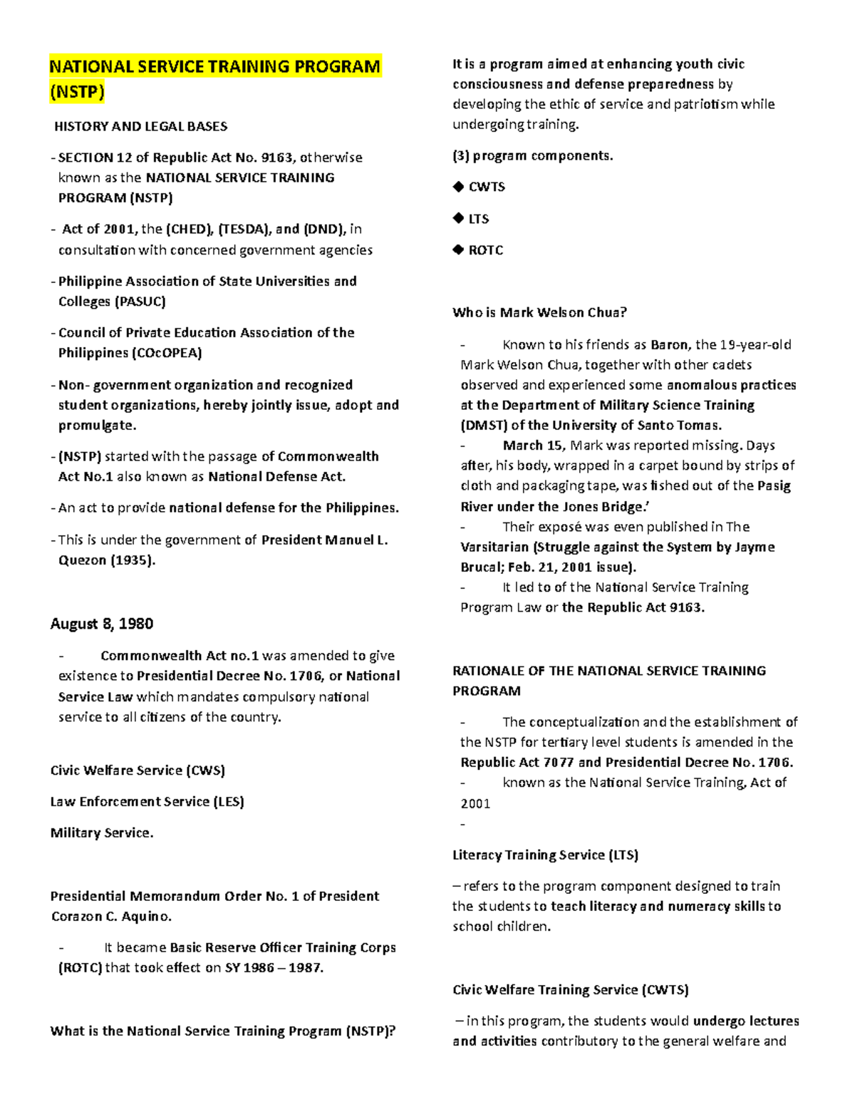 NSTP-reviewer-2 - reviewer - NATIONAL SERVICE TRAINING PROGRAM (NSTP ...