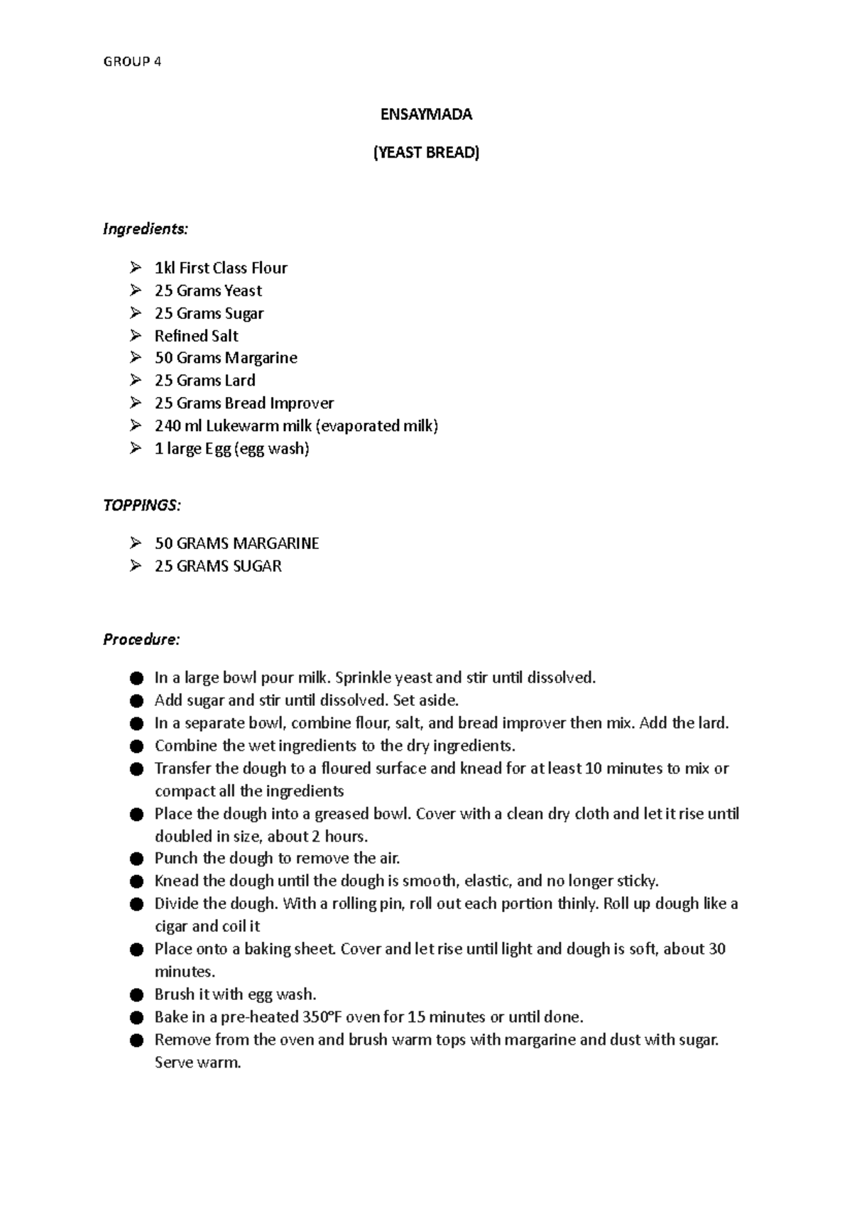 Ensaymada Recipe - ESSAY - GROUP 4 ENSAYMADA (YEAST BREAD) Ingredients ...