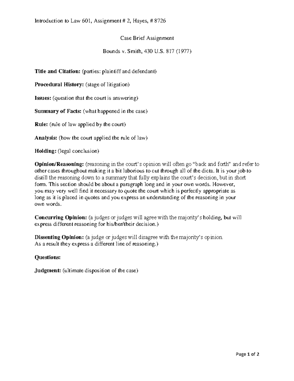 Case Brief Assignment Sample - Introduction to Law 601, Assignment # 2 ...