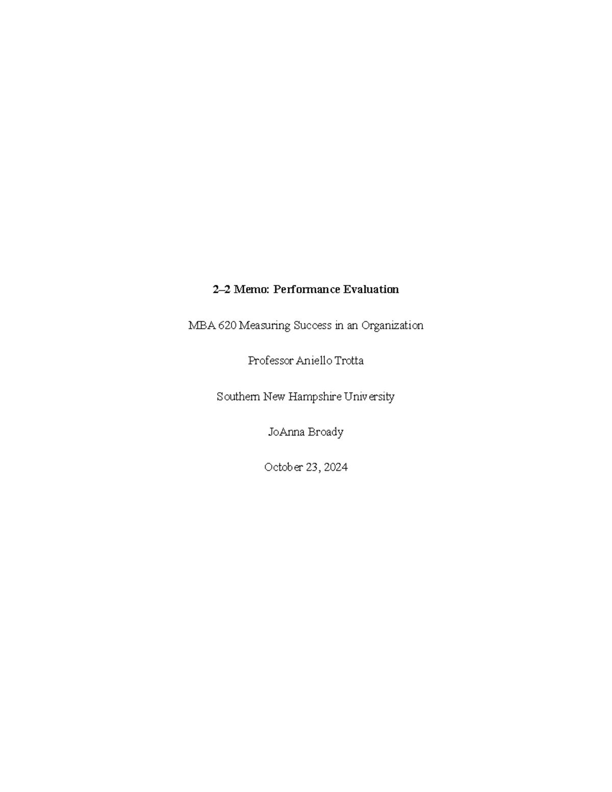 MBA 620 2-2 Memo Performance Evaluation - 2–2 Memo: Performance ...