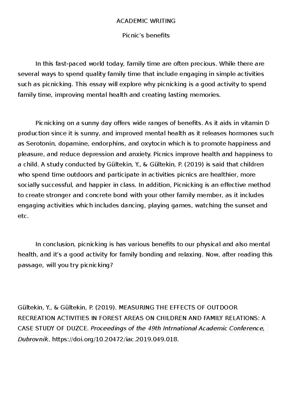 Academic writting - English assignment - ACADEMIC WRITING Picnic’s ...