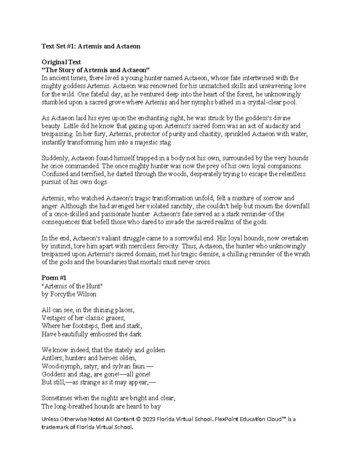 Artemis actaeon text set - Text Set #1: Artemis and Actaeon Original ...