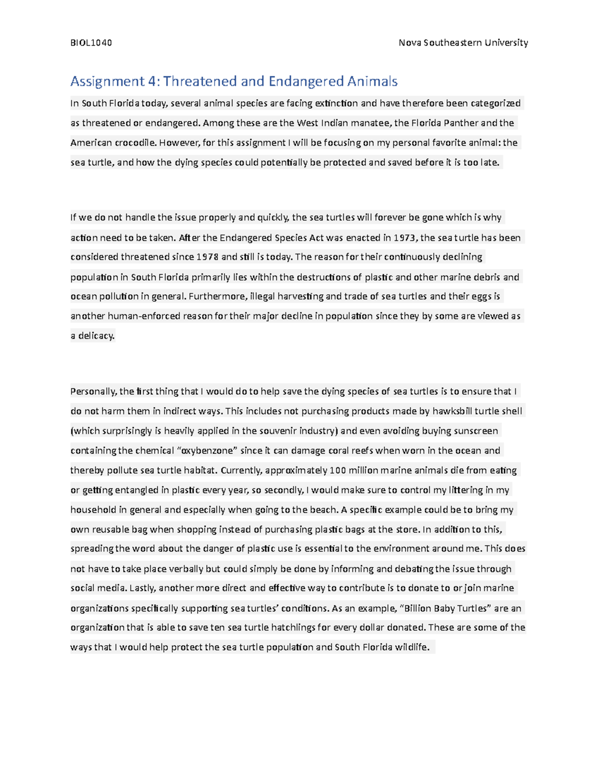 Assignment 4 Threatened and Endangered Animals - BIOL1040 Nova ...