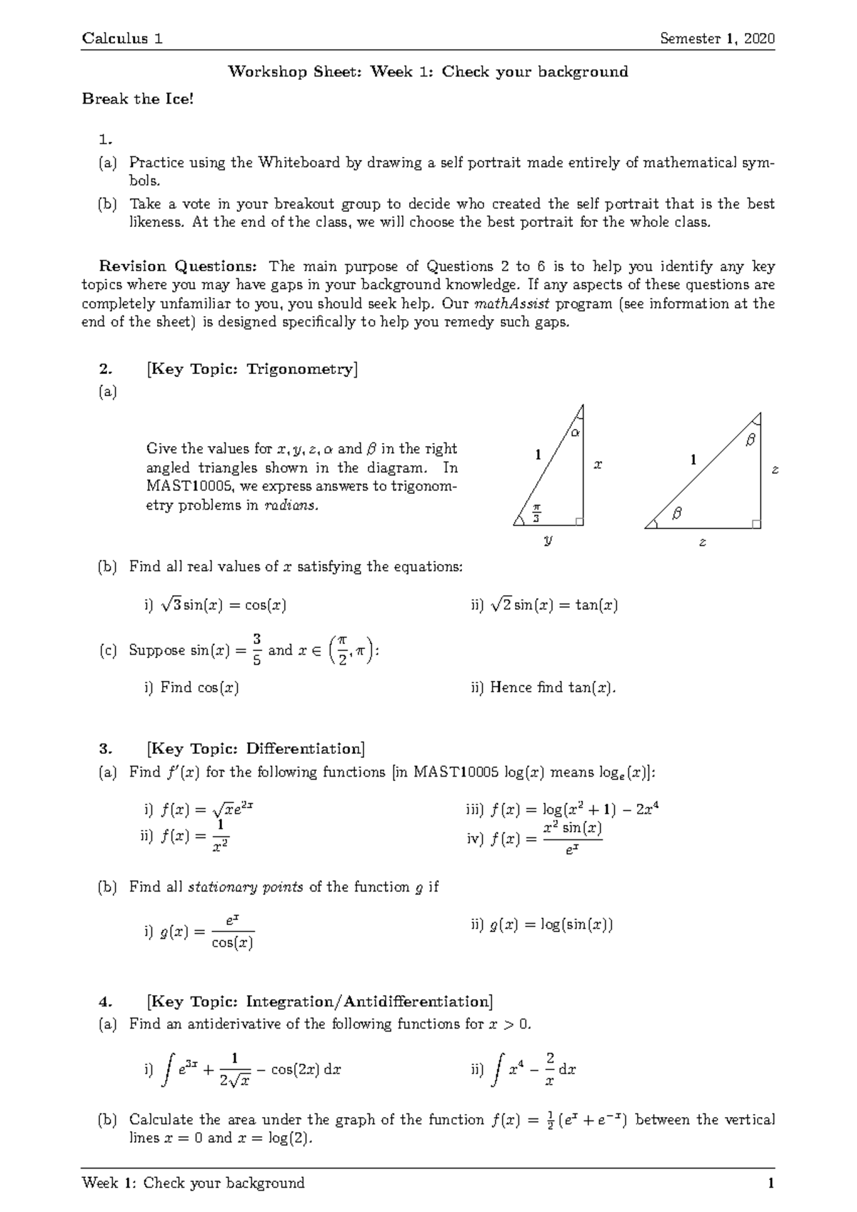 Wk 1 workshop - Calculus 1 Semester 1, 2020 Workshop Sheet: Week 1 ...