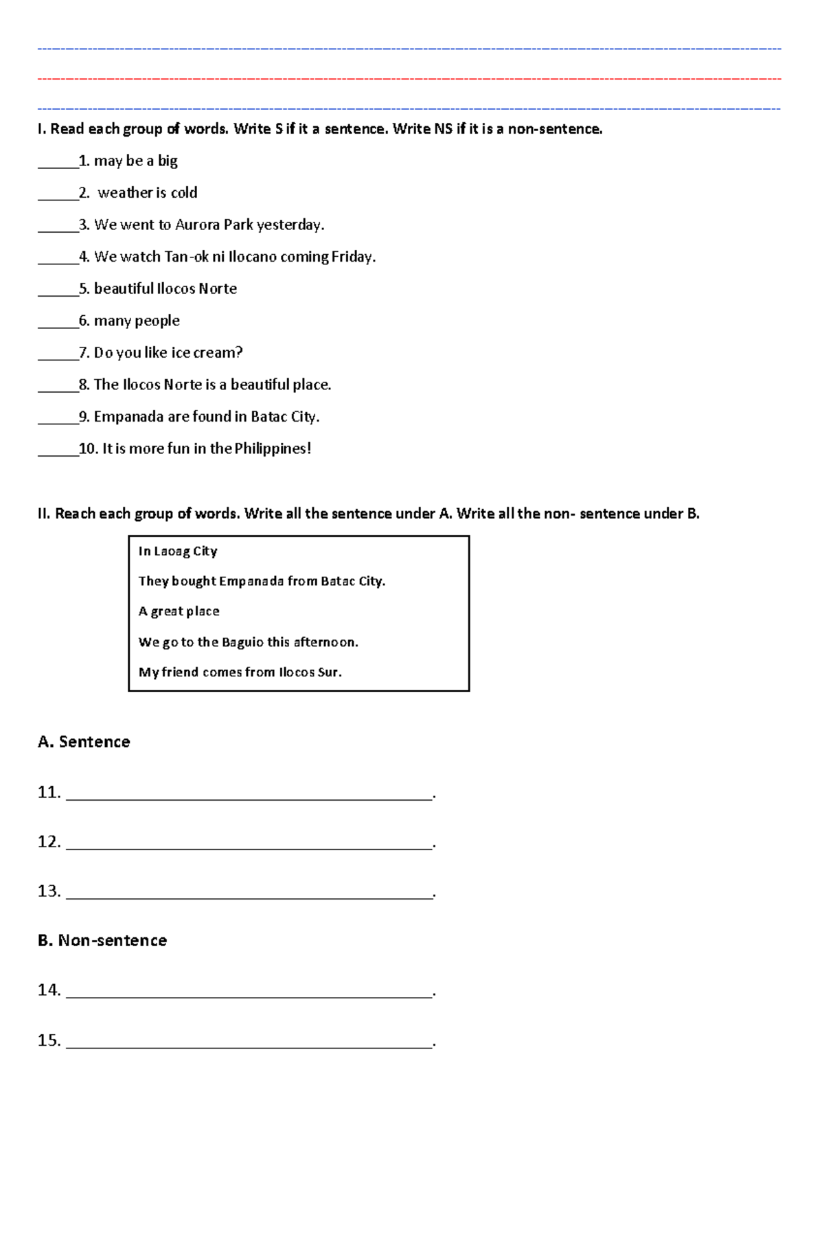 SEntence and non-sentence Worksheet - I. Read each group of words ...