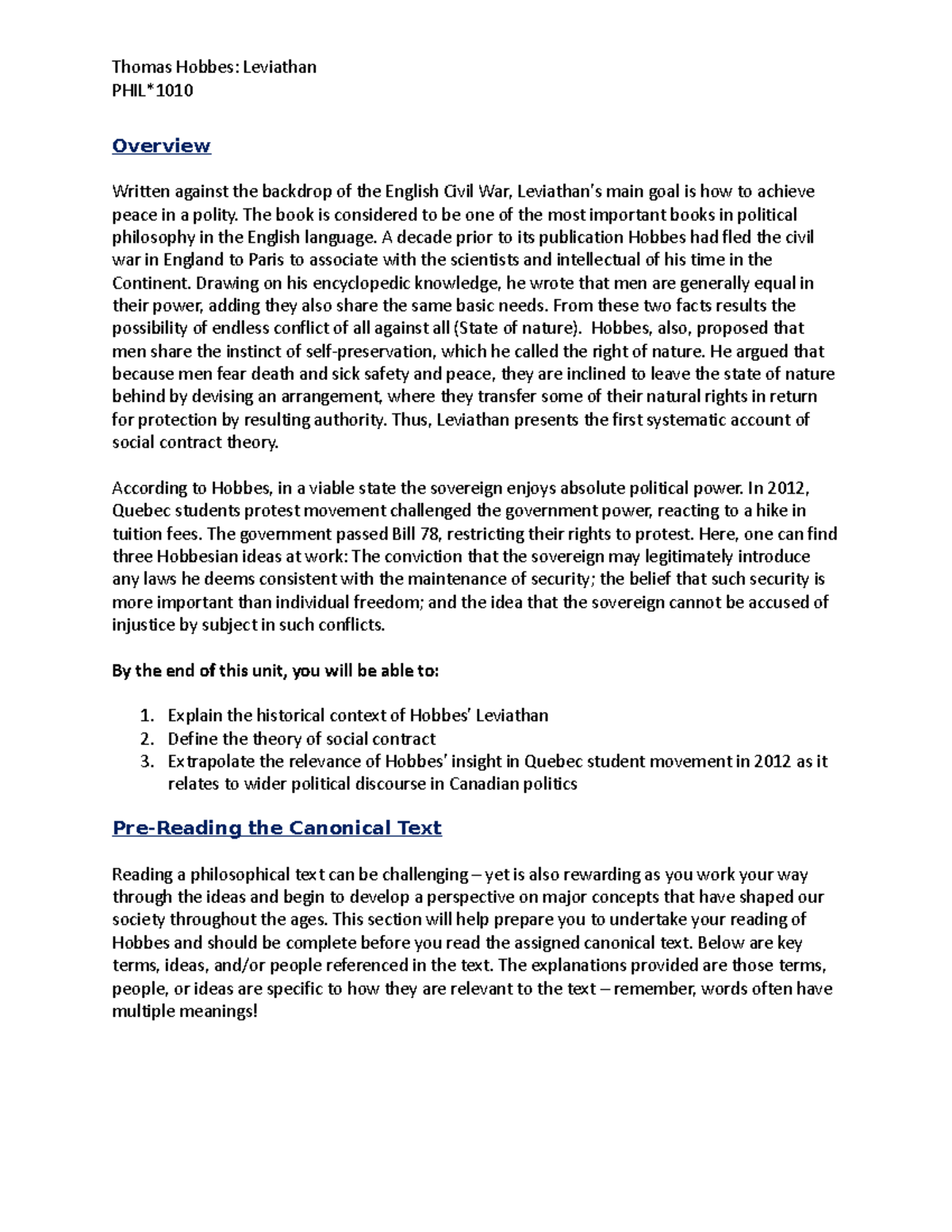 Thomas Hobbes- Leviathan - PHIL* Overview Written against the backdrop ...