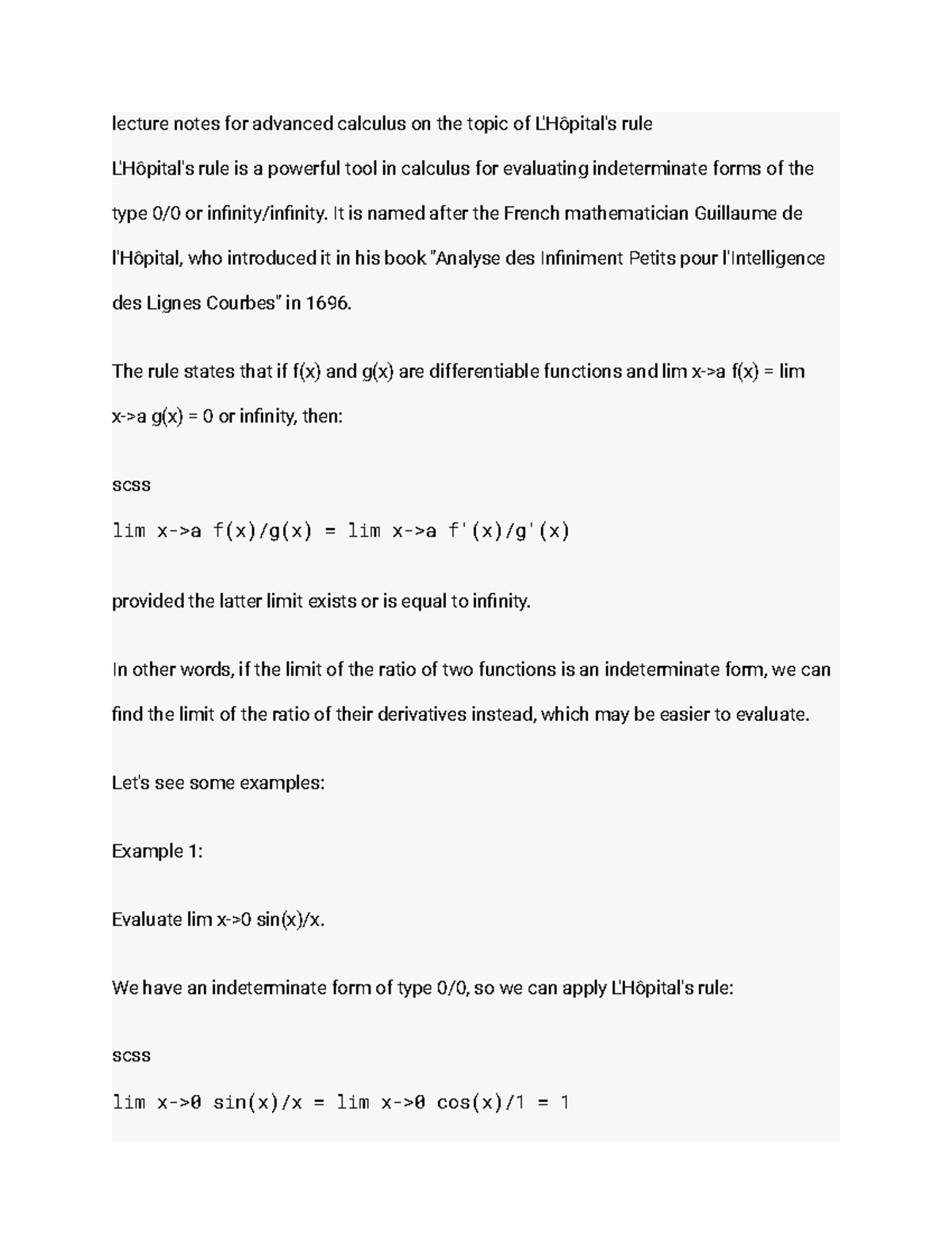 Lecture notes for advanced calculus on the topic of L'Hôpital's rule ...