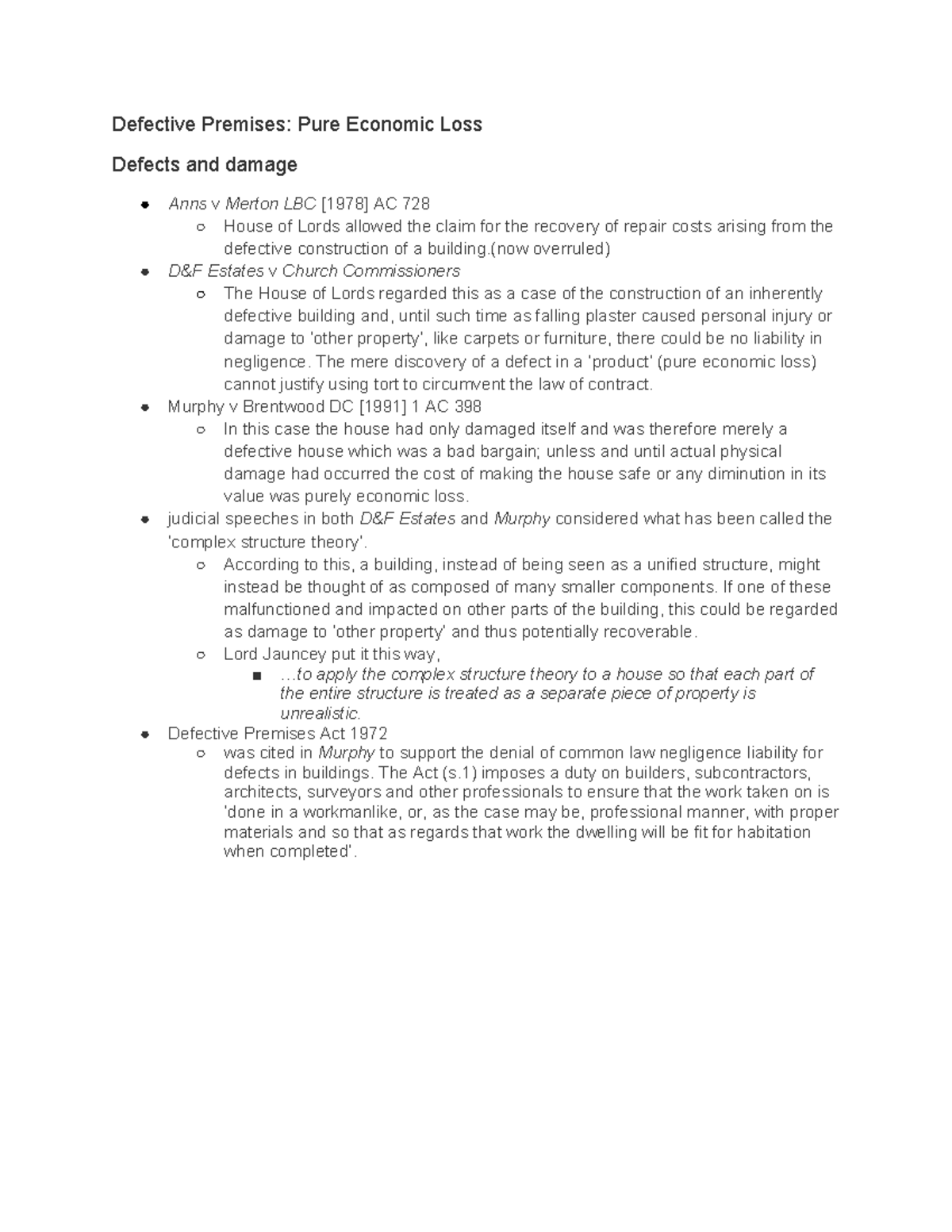 Tort- Defective Premises Pure Economic Loss - Defective Premises: Pure ...