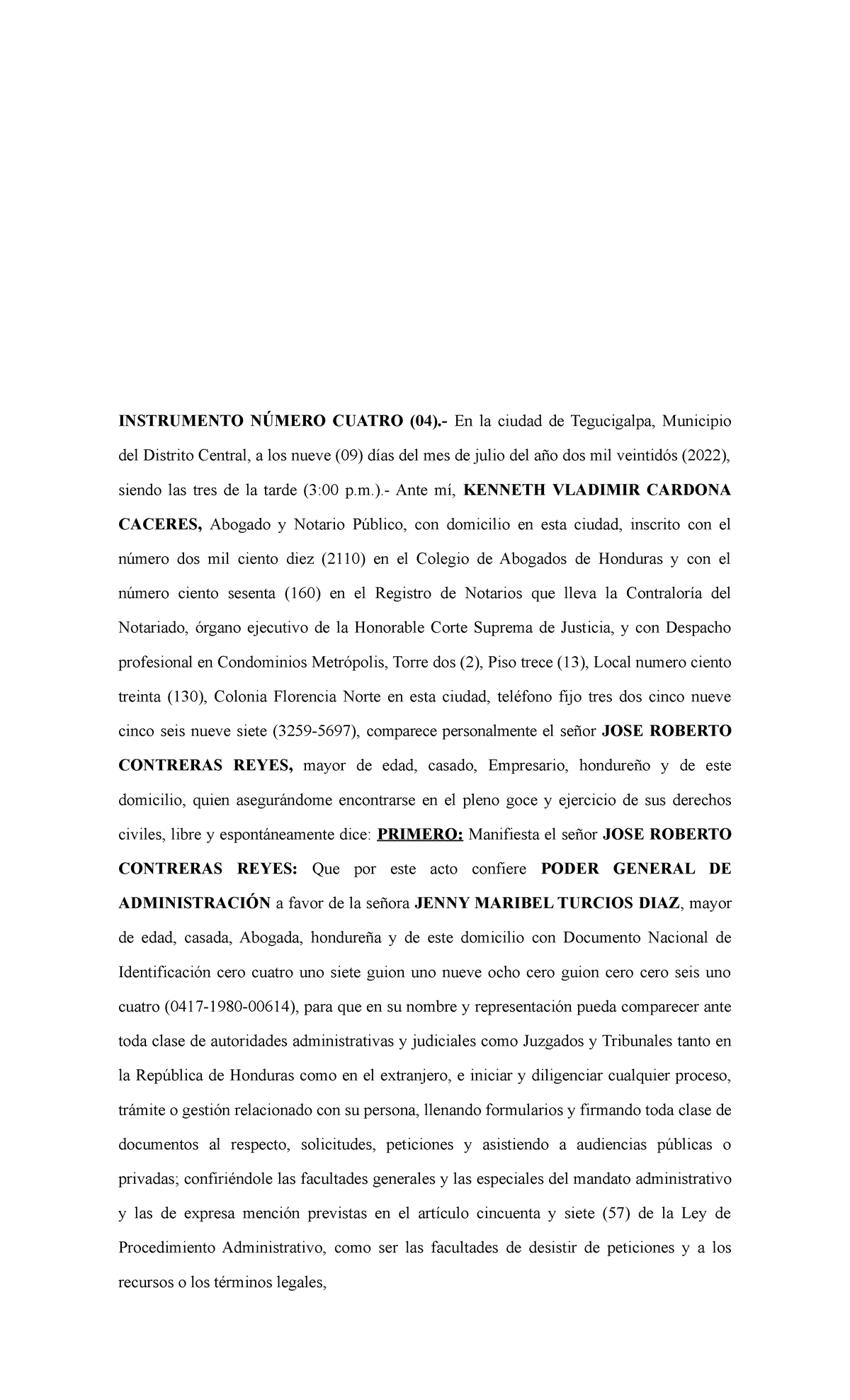Poder General de Administraccion - INSTRUMENTO NÚMERO CUATRO (04).- En ...