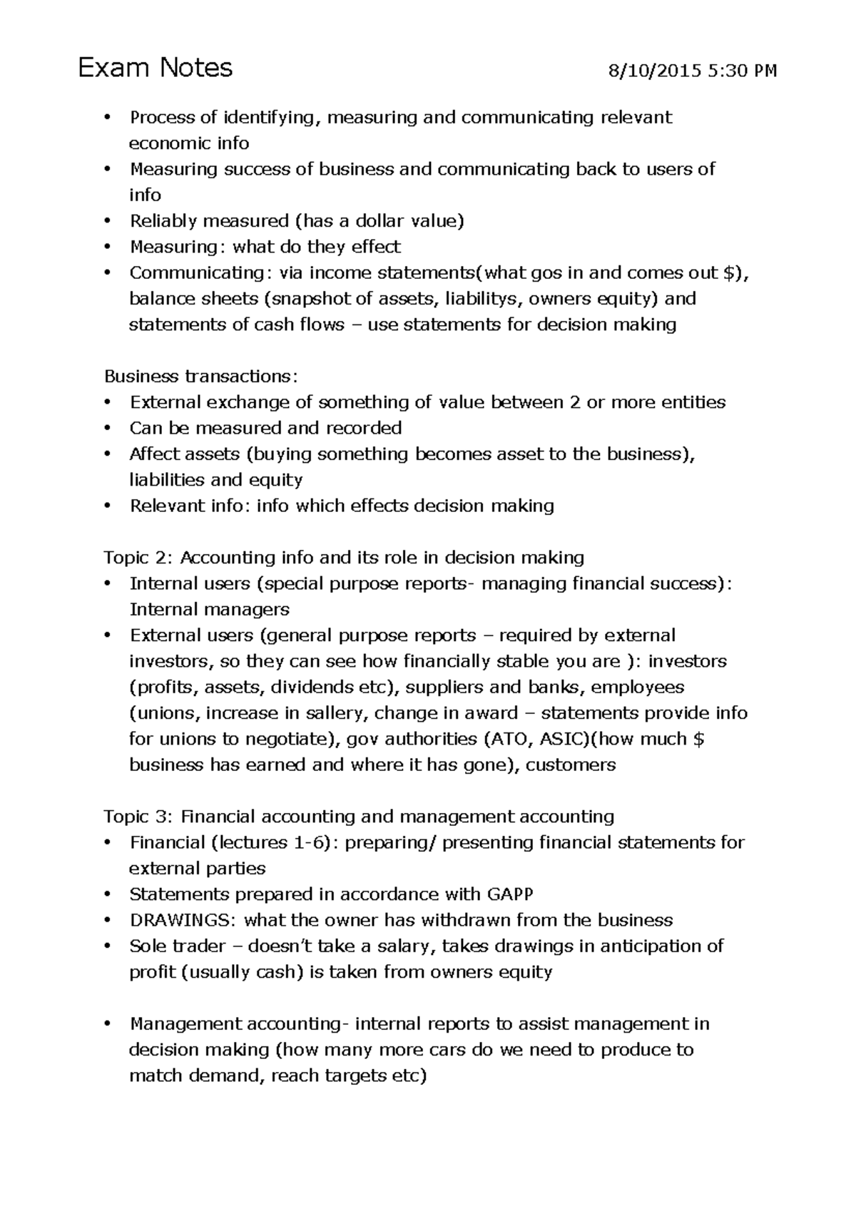 Accounting For Decision Making Lecture Notes Lectures 1 11 Exam Notes 8 10 2015 5 30 Pm