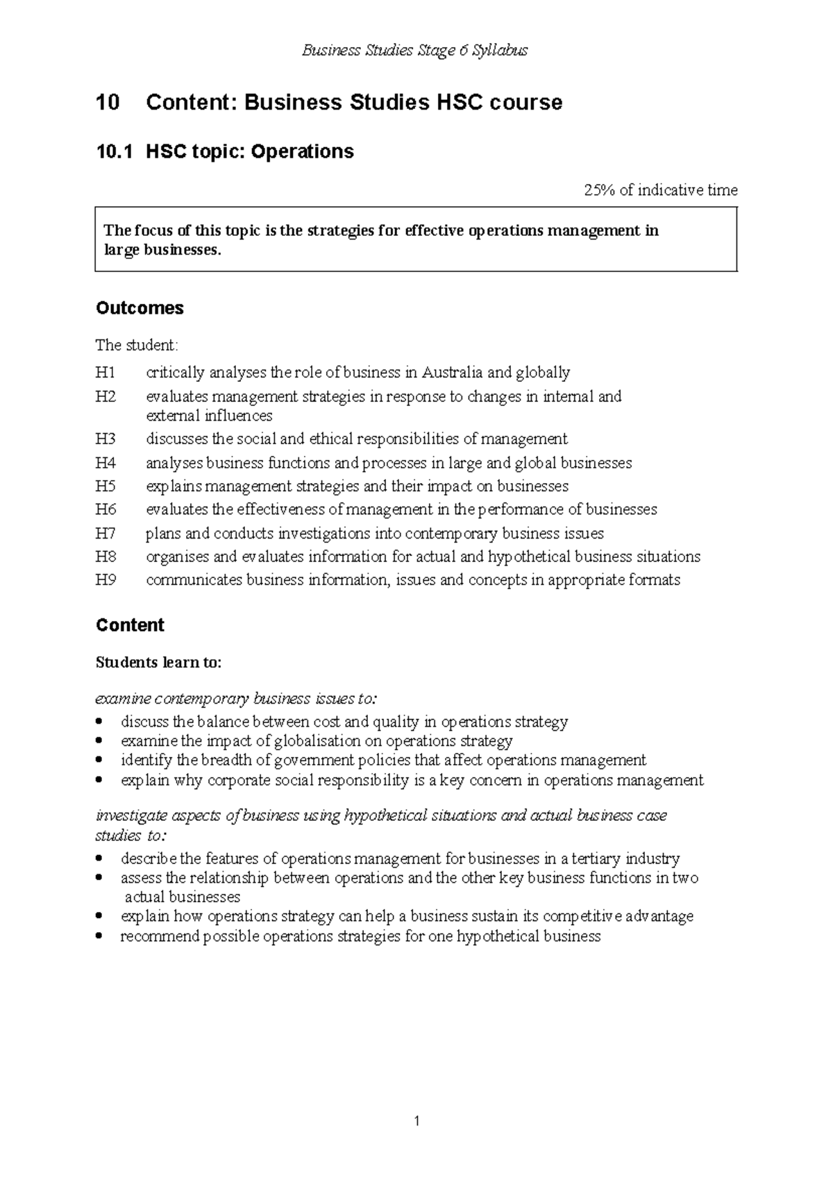 Business Syllabus - 10 Content: Business Studies HSC course 10 HSC ...