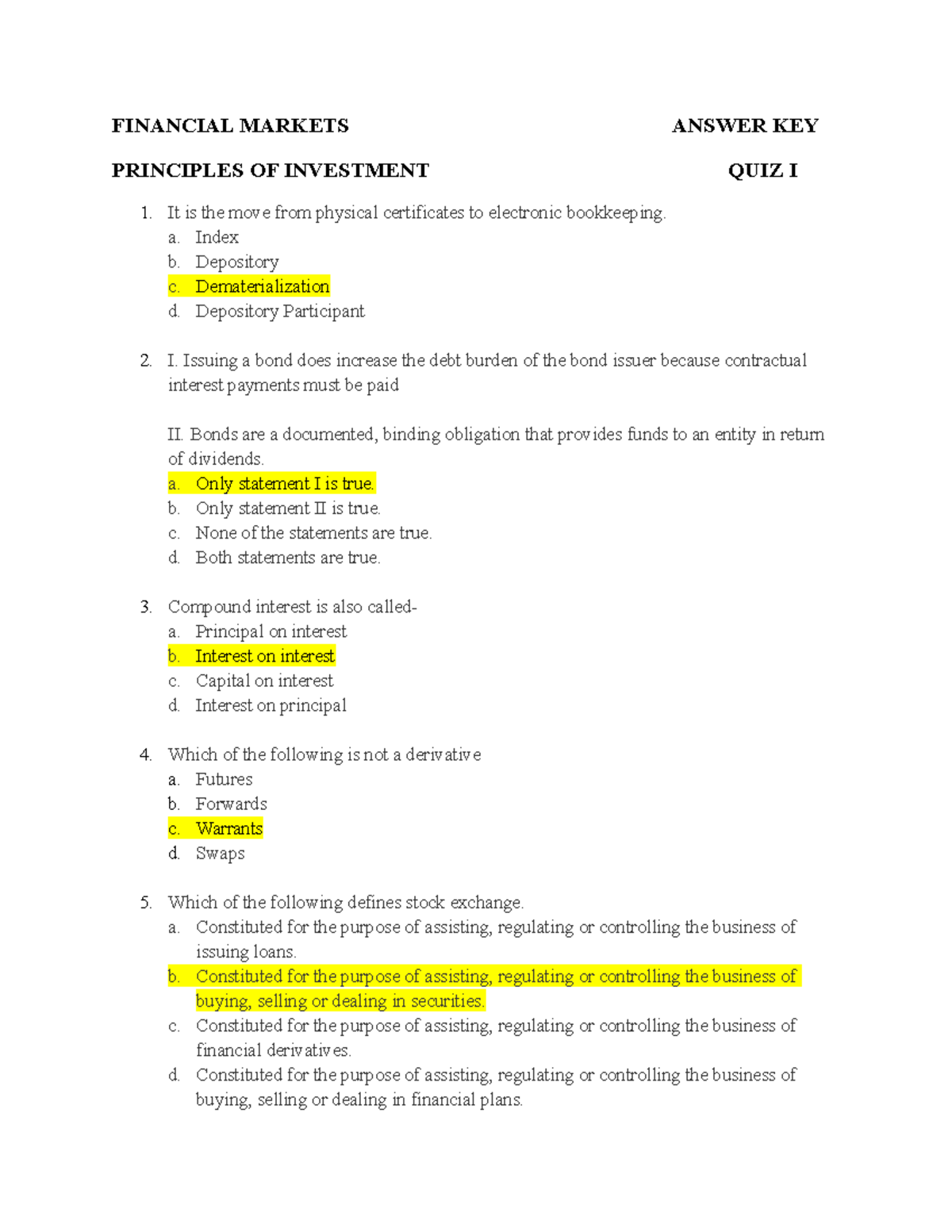 Financial Markets- Quiz 1-2 - FINANCIAL MARKETSANSWER KEY PRINCIPLES OF ...