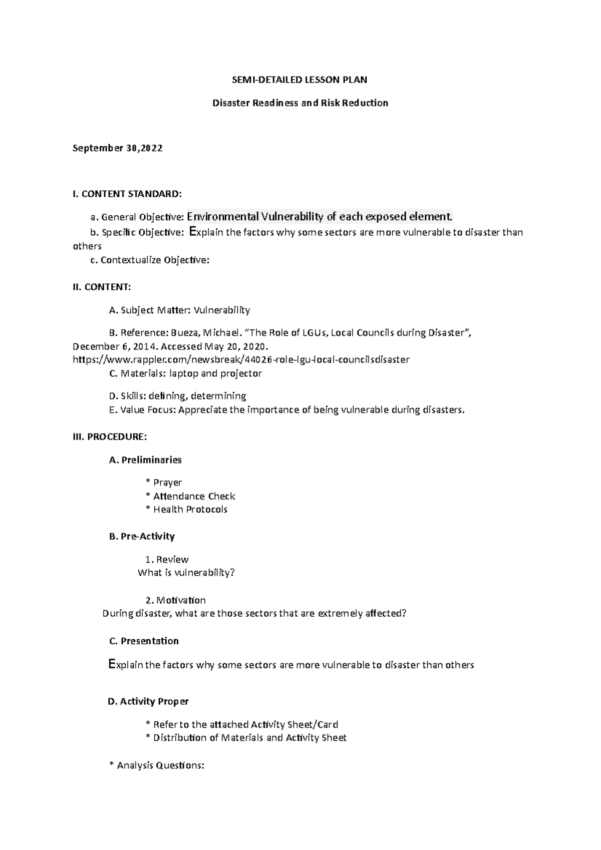 Semi-Detailed-Lesson-Plan DRRR 6 - SEMI-DETAILED LESSON PLAN Disaster ...