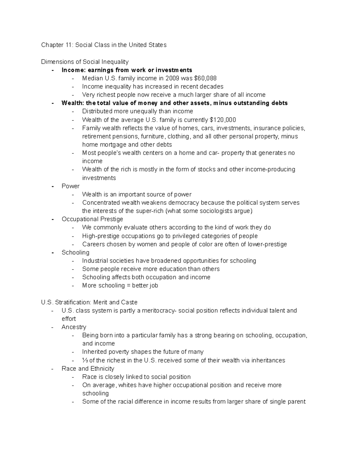 Soc Chapter 11 Notes - Chapter 11: Social Class in the United States ...