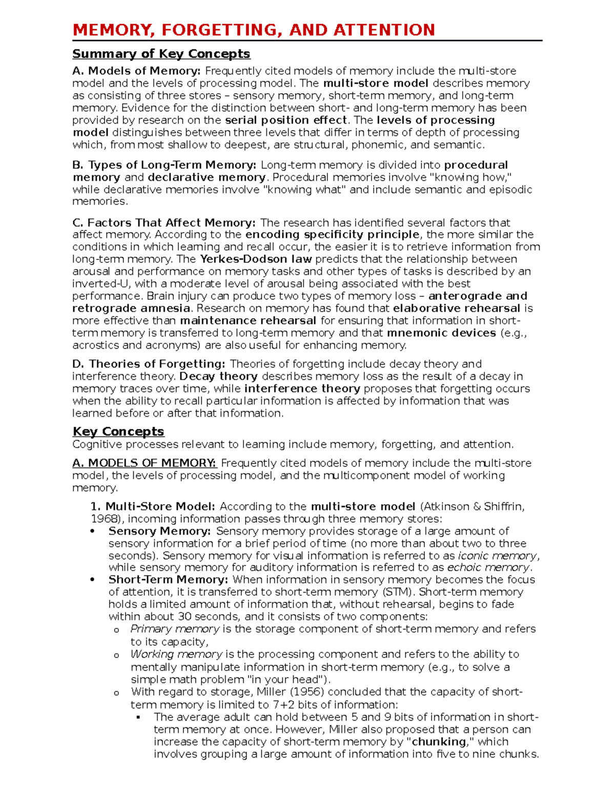 Memory - MEMORY, FORGETTING, AND ATTENTION Summary of Key Concepts A ...