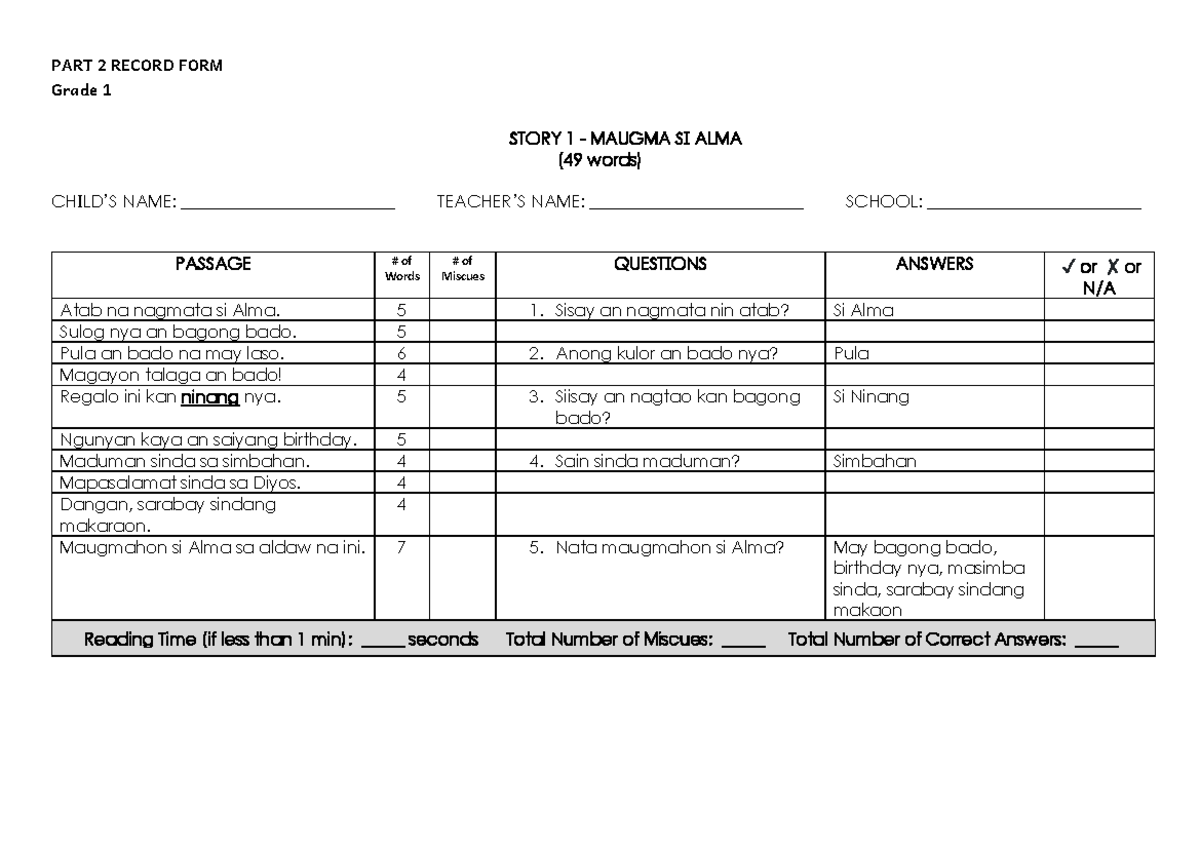 CB.G1 - Plan - PART 2 RECORD FORM Grade 1 STORY 1 - MAUGMA SI ALMA (49 ...