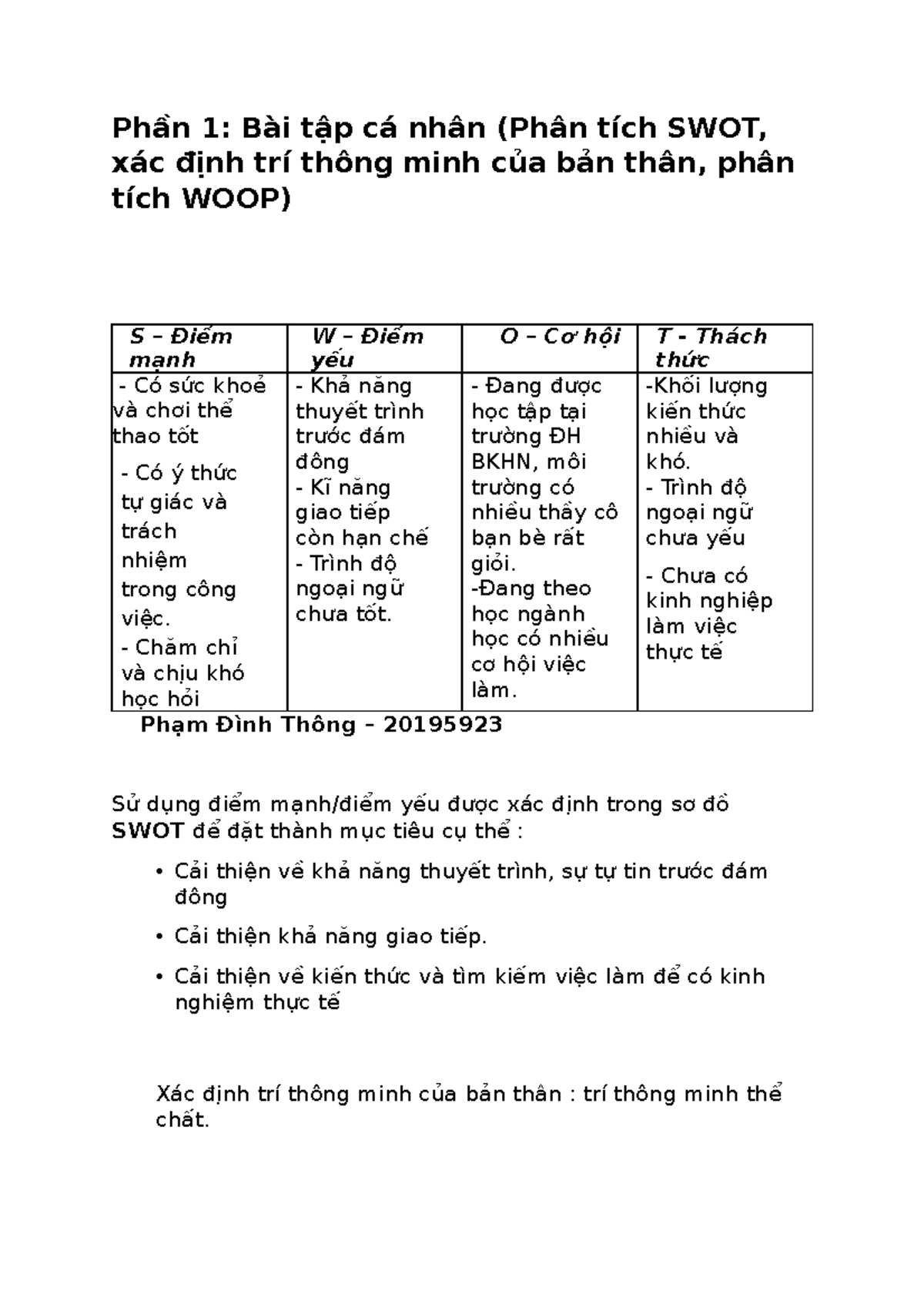 Phần 1 - okokkoo - Phần 1: Bài tập cá nhân (Phân tích SWOT, xác định ...