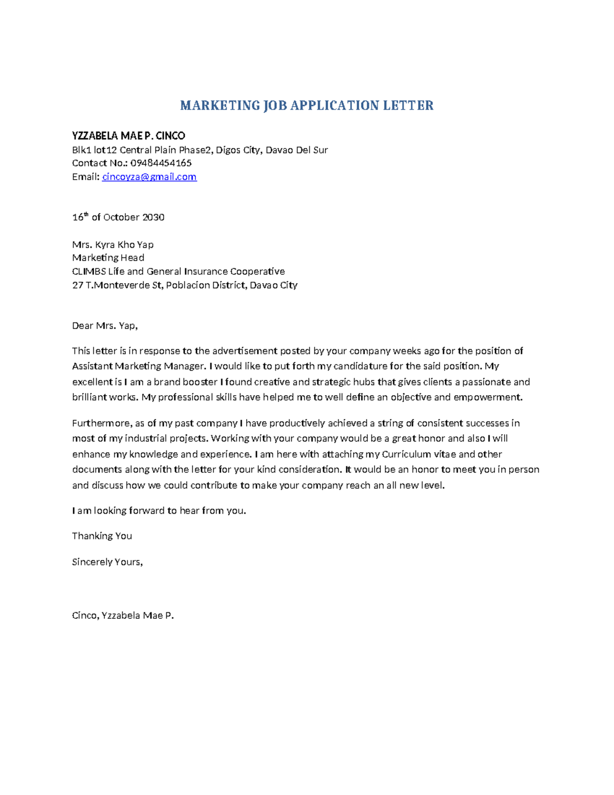 Marketing JOB Application Letter - MARKETING JOB APPLICATION LETTER ...