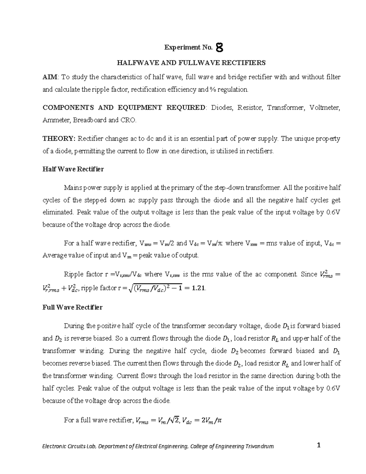 practical experiment physics 2024 - Experiment No. 1 HALFWAVE AND FULLWAVE RECTIFIERS AIM: To ...