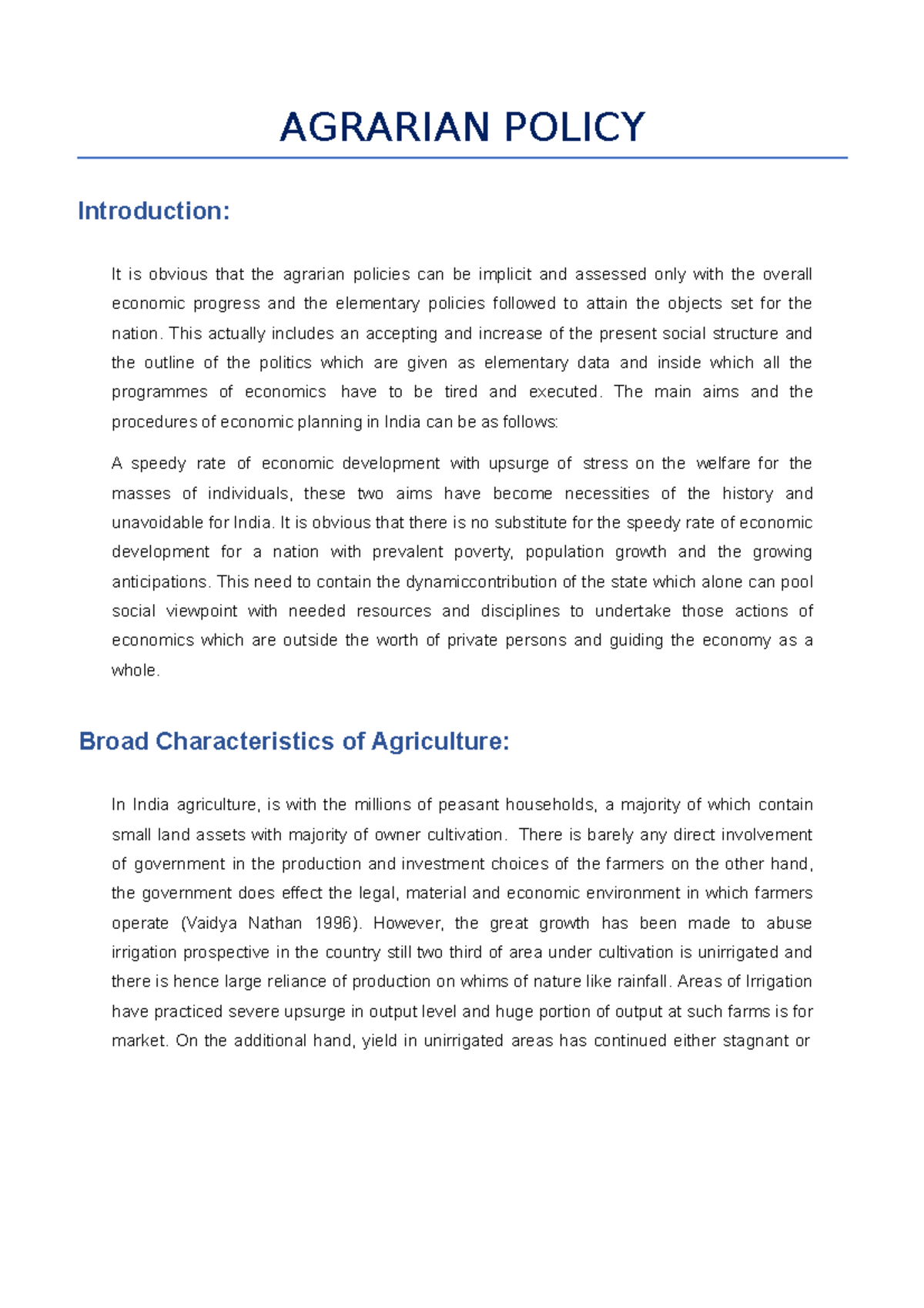 NOTE ON Agrarian P Olicy - AGRARIAN POLICY Introduction: It is obvious ...