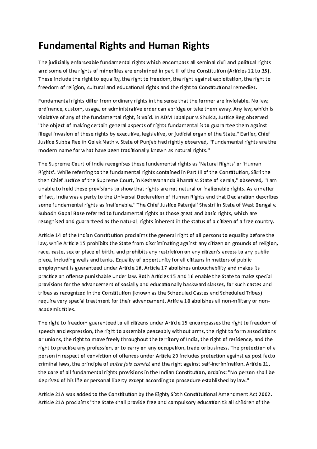 Fundamental Rights and Human Rights - These include the right to ...