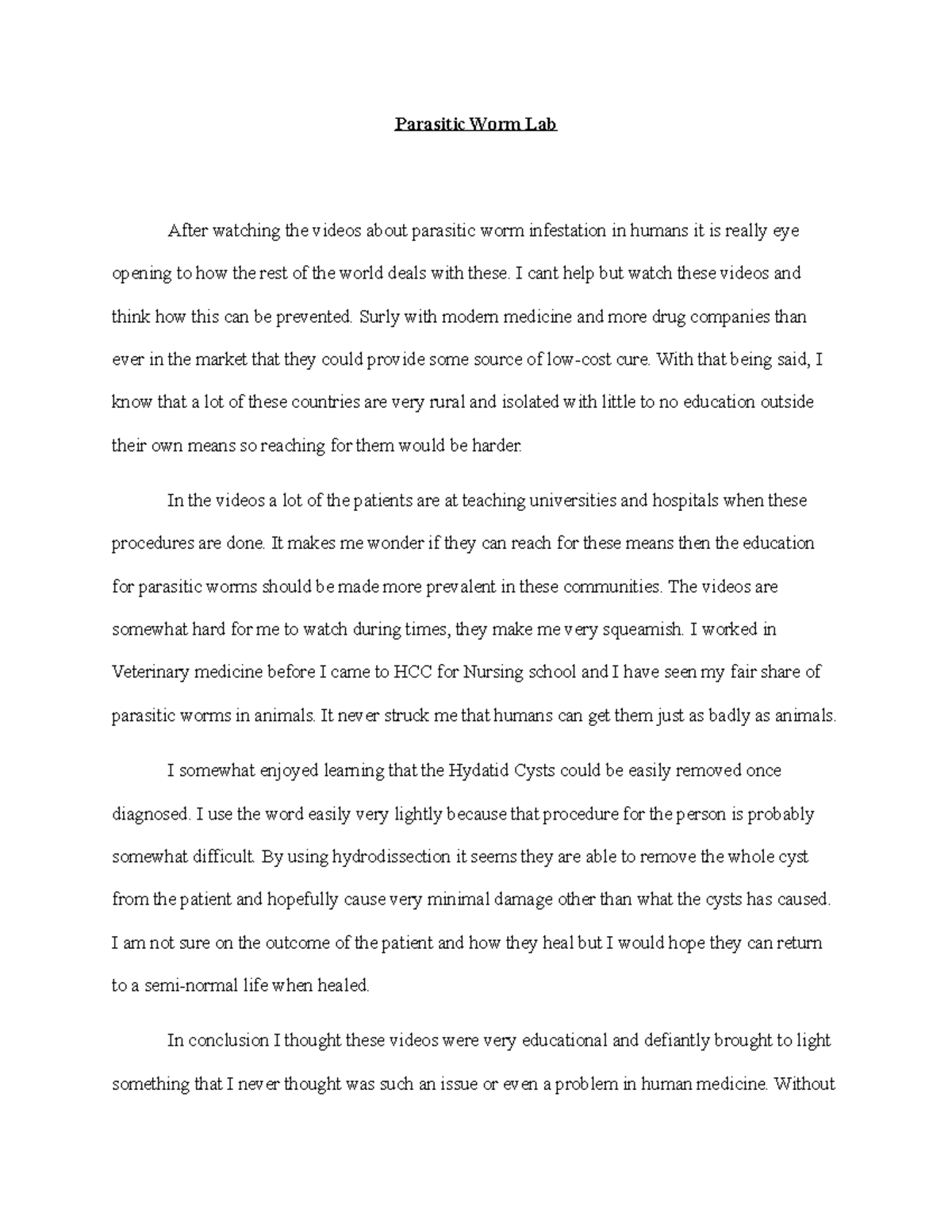 BIO 225-Parasitic worm lab - Parasitic Worm Lab After watching the ...