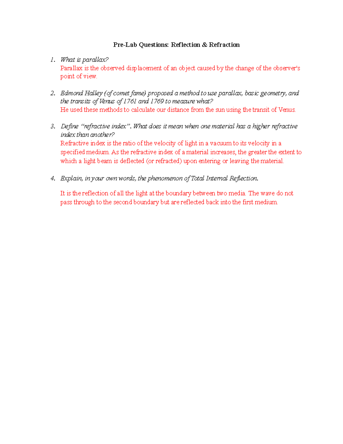 Pre-Lab Reflection & Refraction - Pre-Lab Questions: Reflection ...
