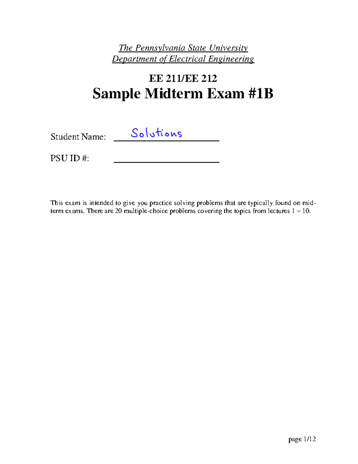 Sample Exam 1B Solutions - The Pennsylvania State University Department ...