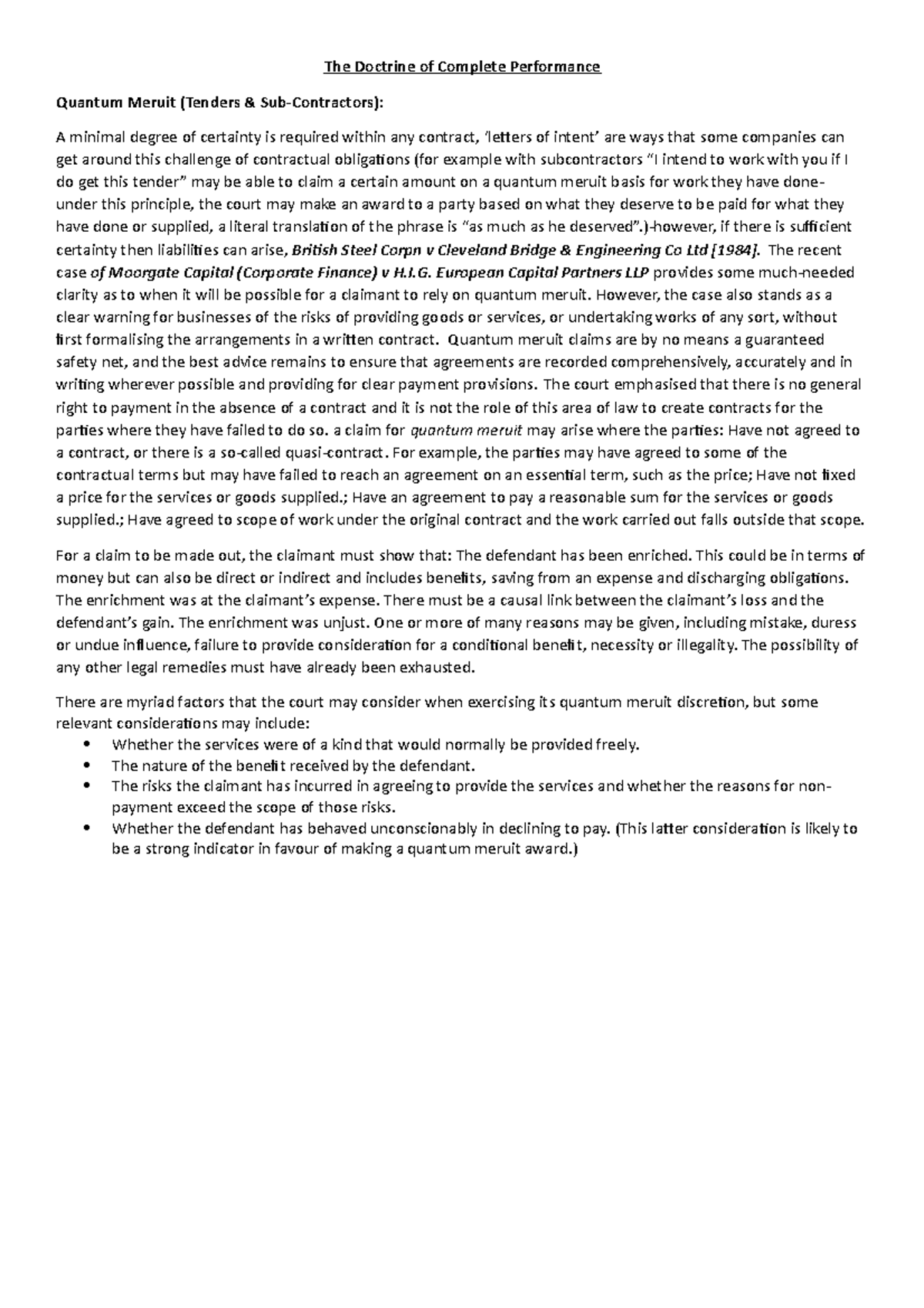 Quantum Meruit Tenders and Sub-Contractors - LAWS0013 - Studocu