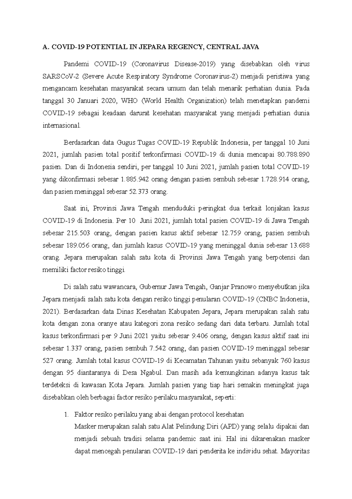 Paper covid - yyyy - A. COVID-19 POTENTIAL IN JEPARA REGENCY, CENTRAL ...