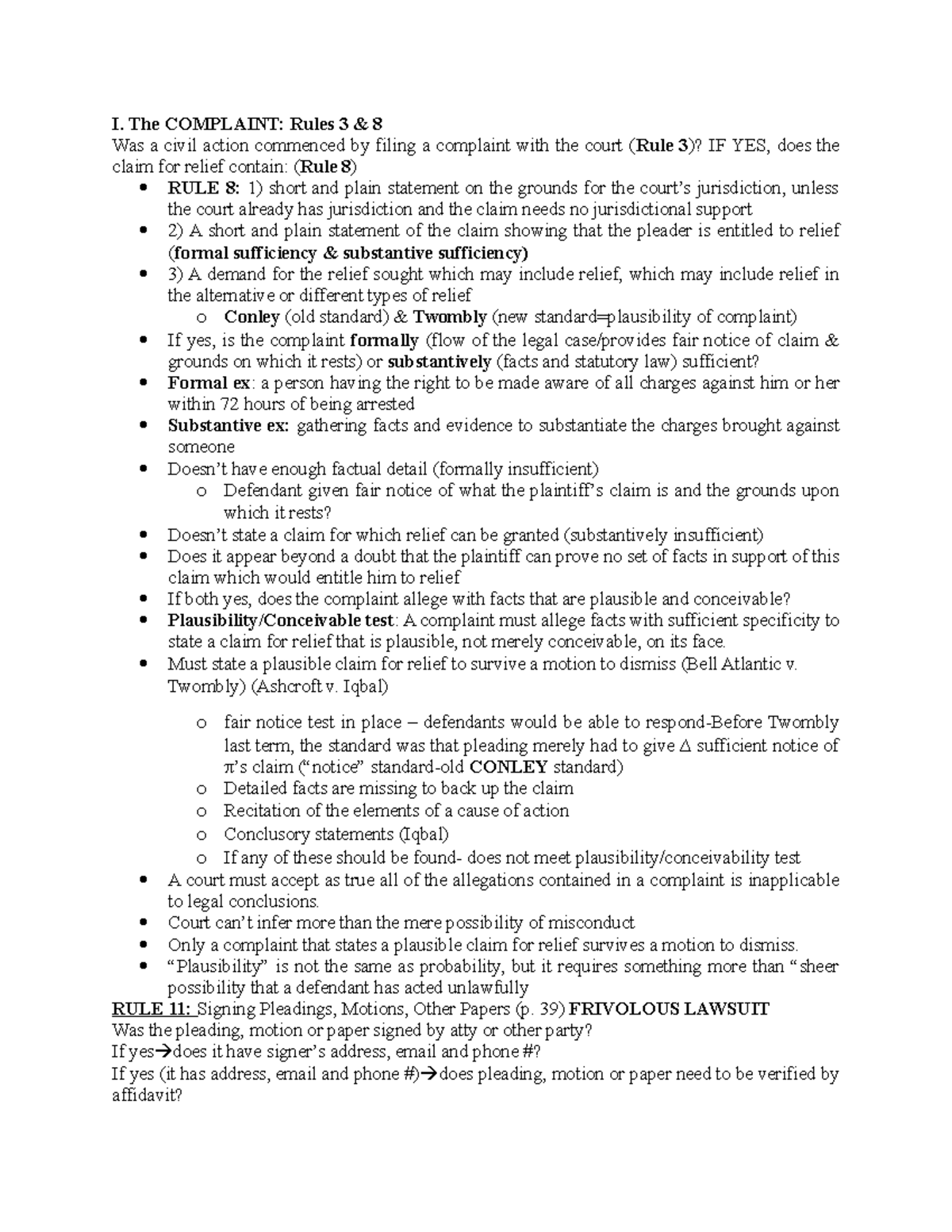 CIV PRO Final Outline - I. The COMPLAINT: Rules 3 8 Was a civil action ...