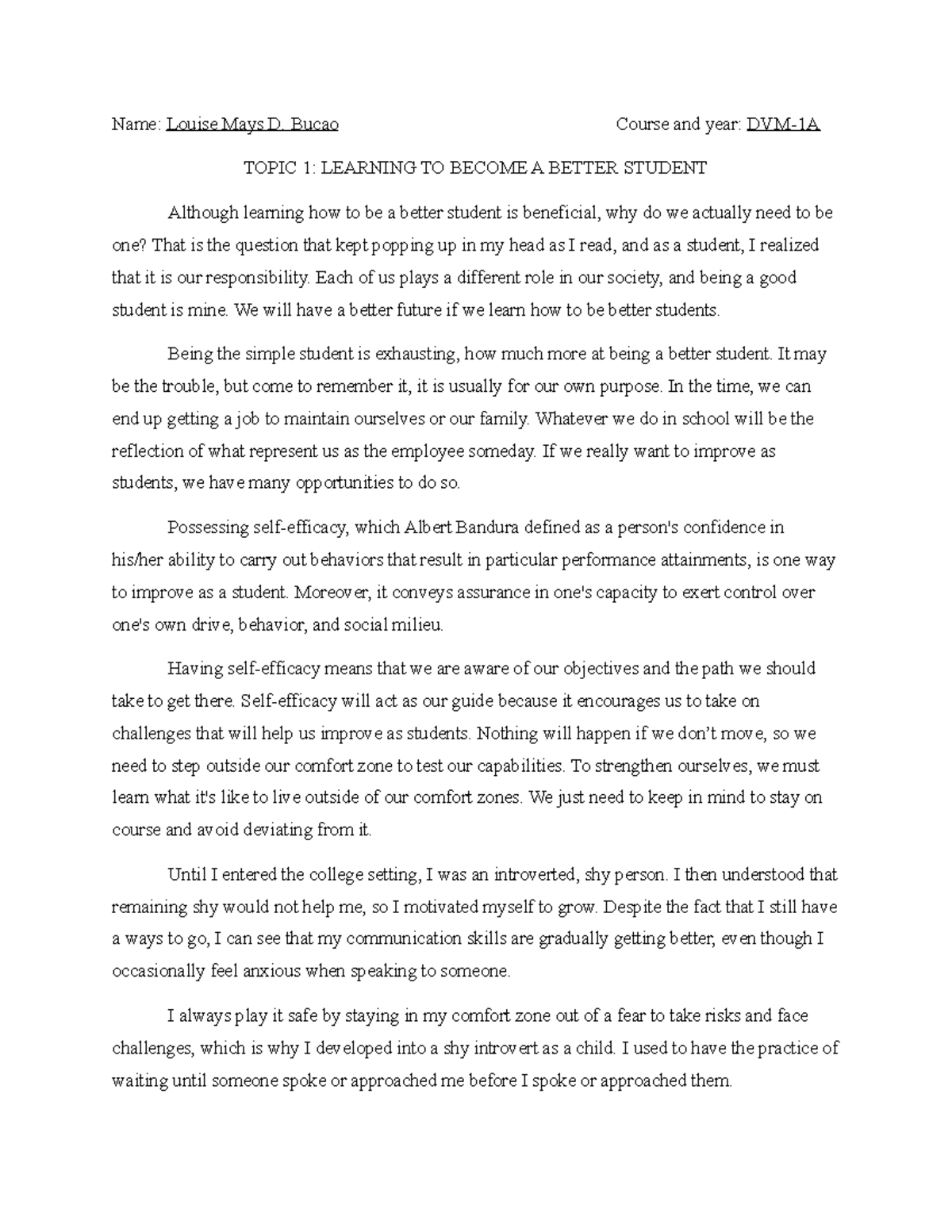 Topic 1 Reflective Essay UTS - Name: Louise Mays D. Bucao Course and ...