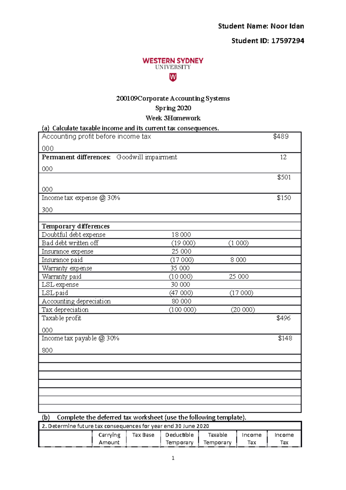 2001 09 Week 3 Homework Answer Sheet - Student Name: Noor Idan Student ...
