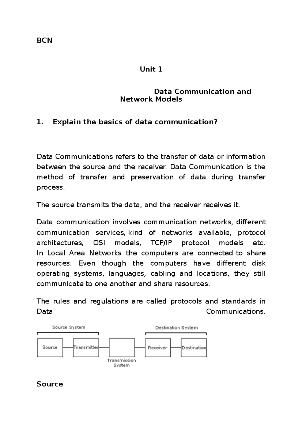 Unit 1 QB - BCN unit 1 QB - BCN Unit 1 Data Communication and Network Models Explain the basics ...