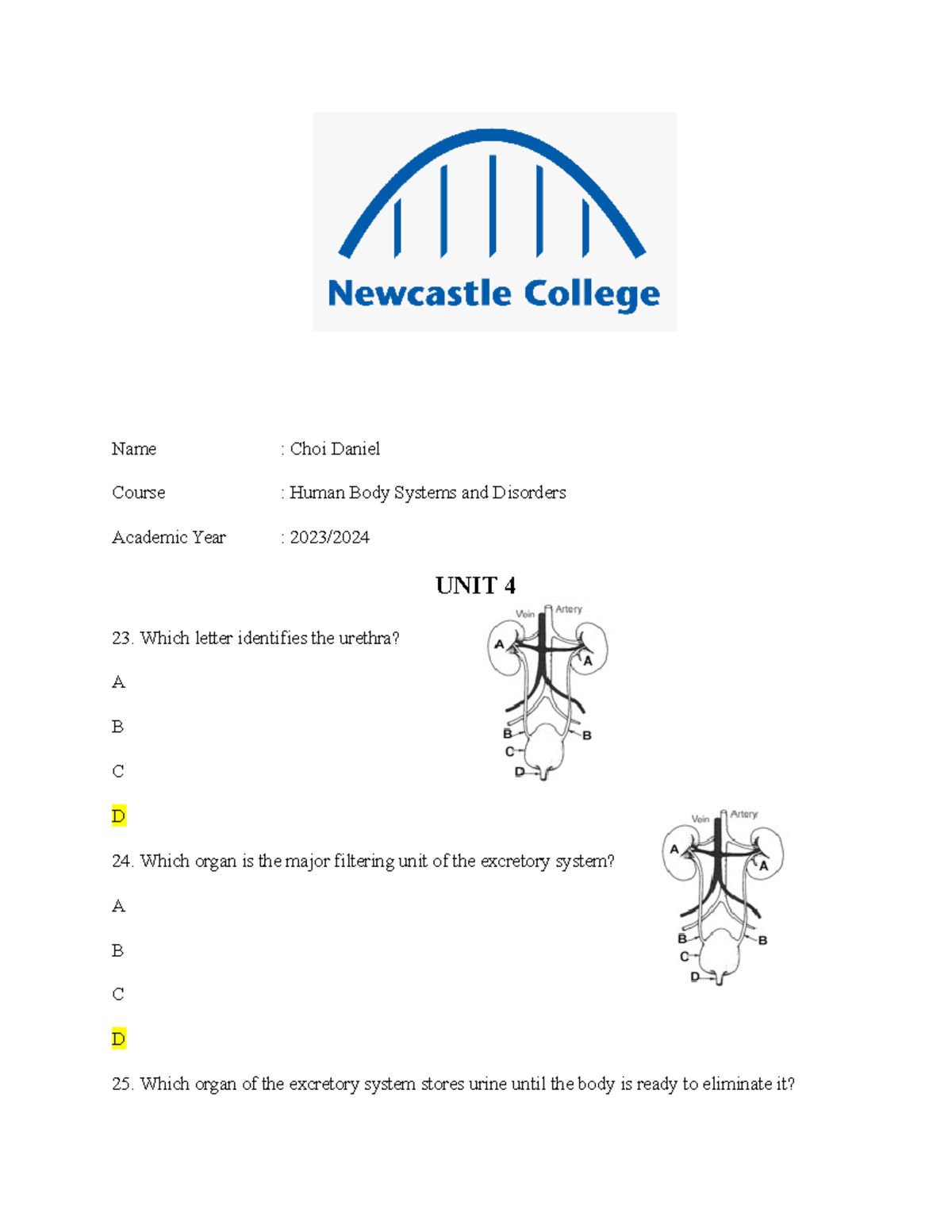 Quiz Unit 4 (Human Body Systems and Diseases) 23-44 - Name : Choi ... Quiz Unit 4 (Human Body Systems and Diseases) 23-44 - Name : Choi ...