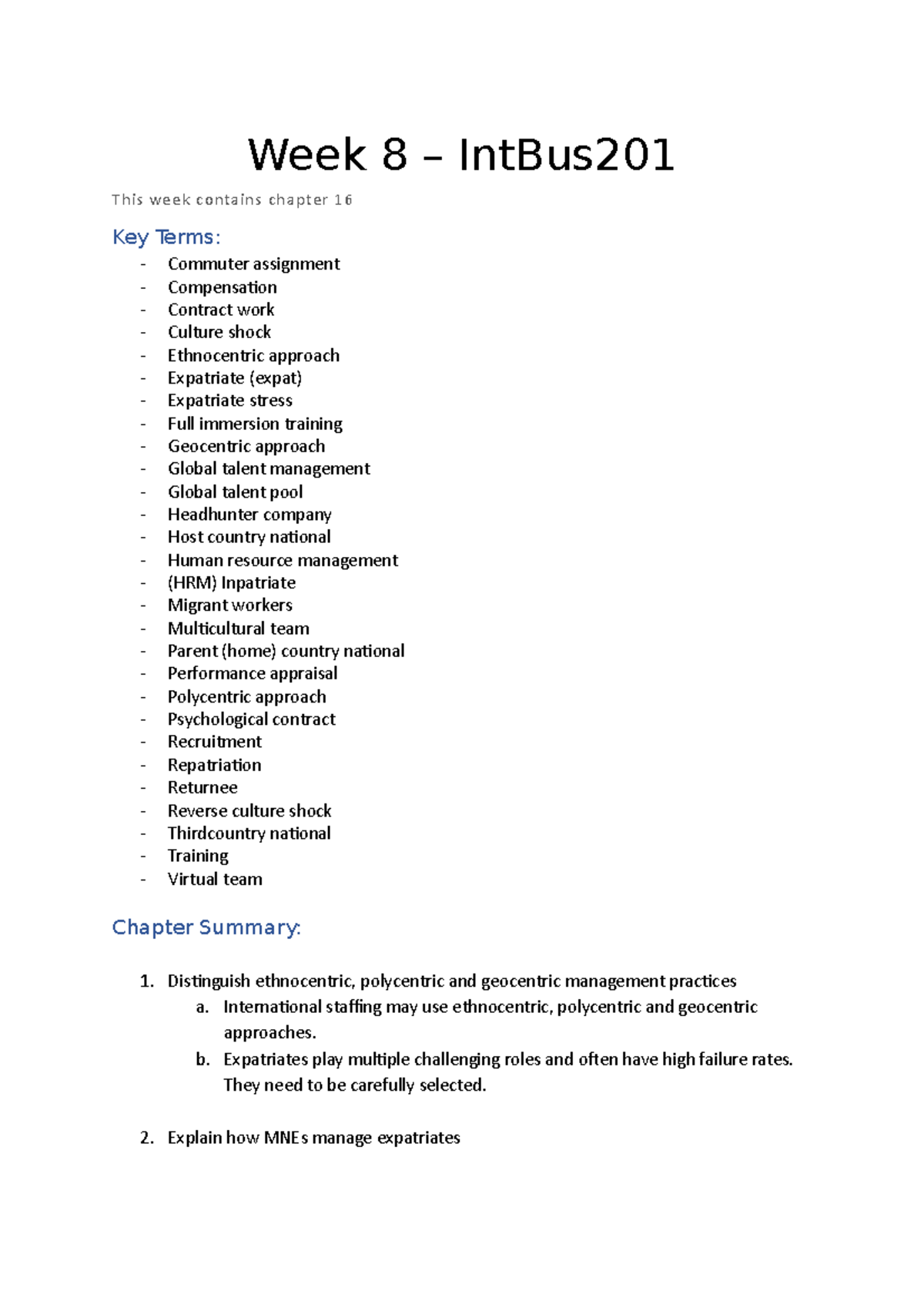 IntBus202 Week 8 Notes - Week 8 – IntBus This week contains chapter 16 ...