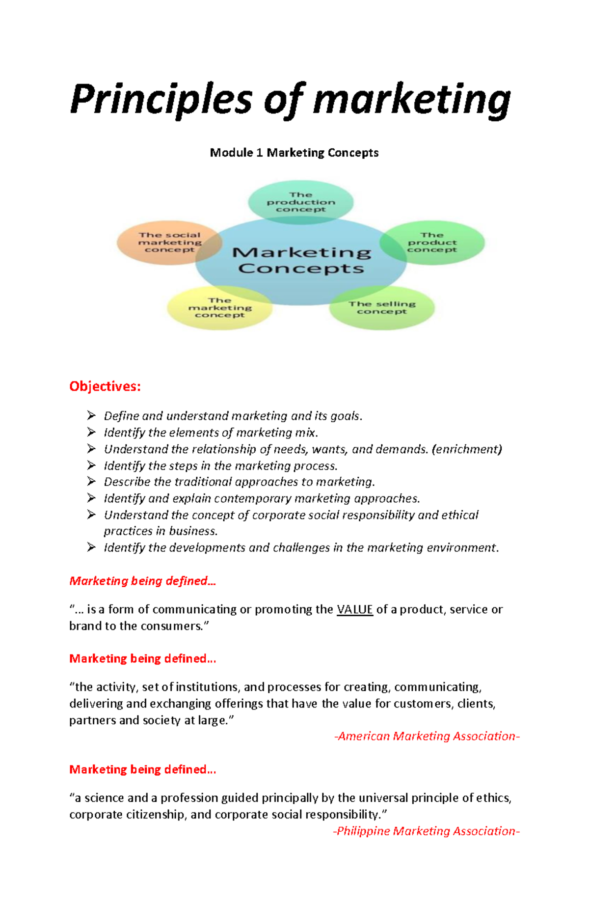 M 1 Marketing Concepts - Lecture notes - Principles of marketing Module ...