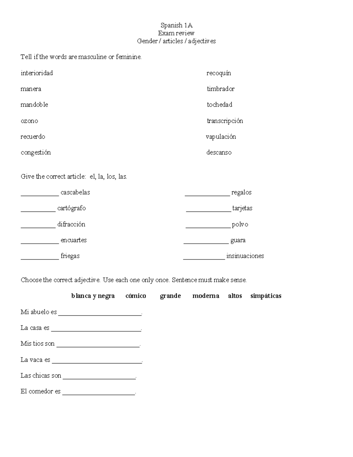 Spanish 1a Exm Review Gender Articles Adj Spanish 1a Exam Review Gender Articles 9511