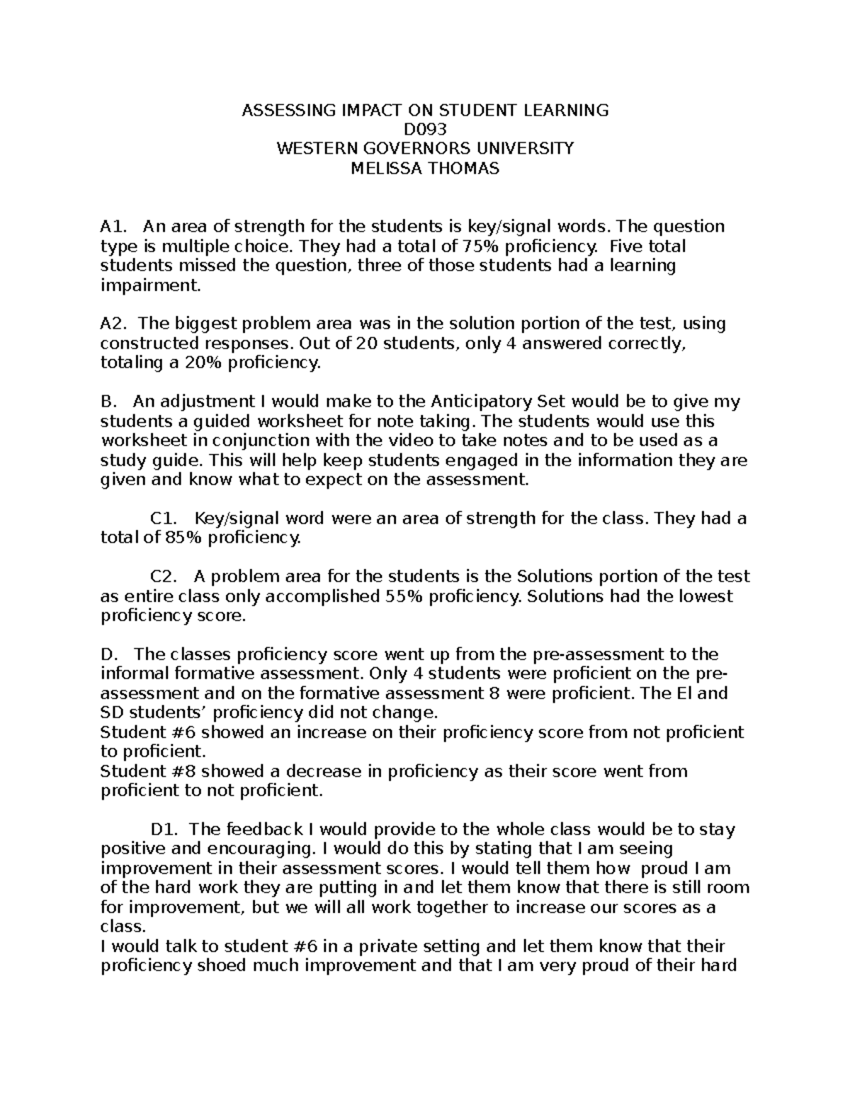 D093 Melissa Thomas Task 2 - ASSESSING IMPACT ON STUDENT LEARNING D WESTERN GOVERNORS UNIVERSITY ...