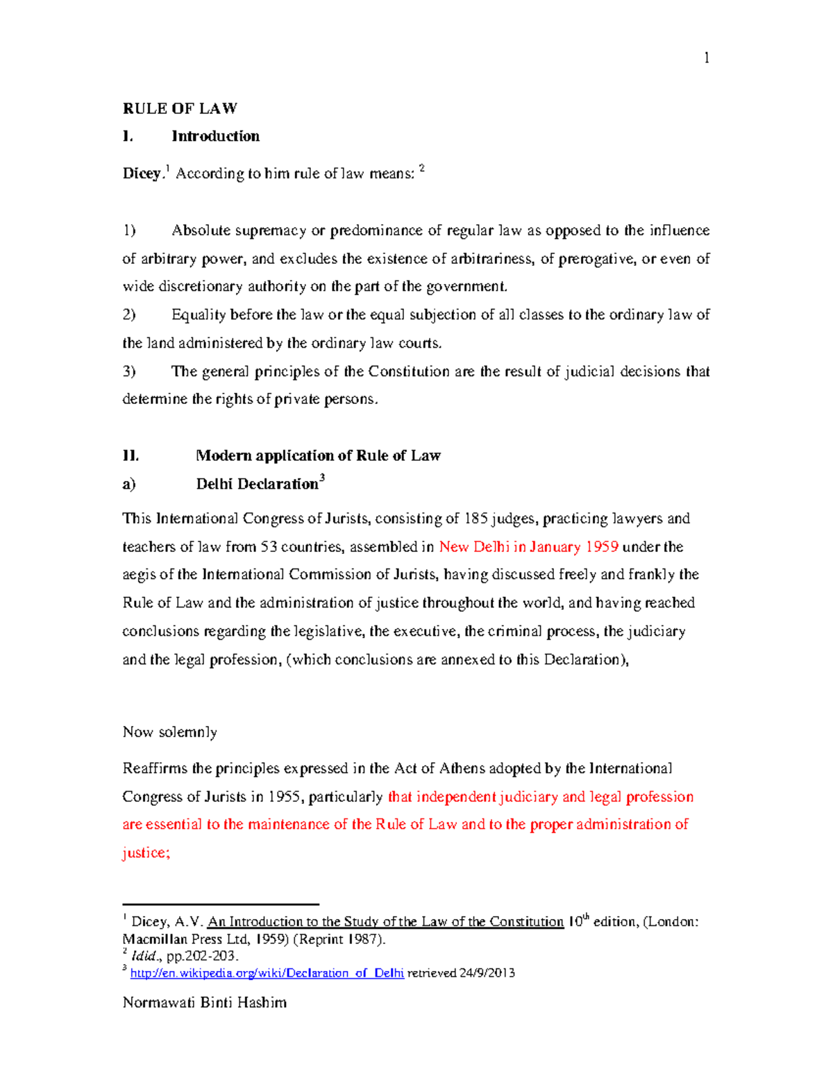 C2 Rule Of Law RULE OF LAW I Introduction Dicey 1 According To