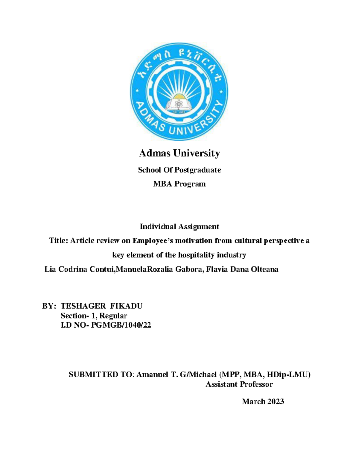 Mtp article review (Recovered) - Admas University School Of ...