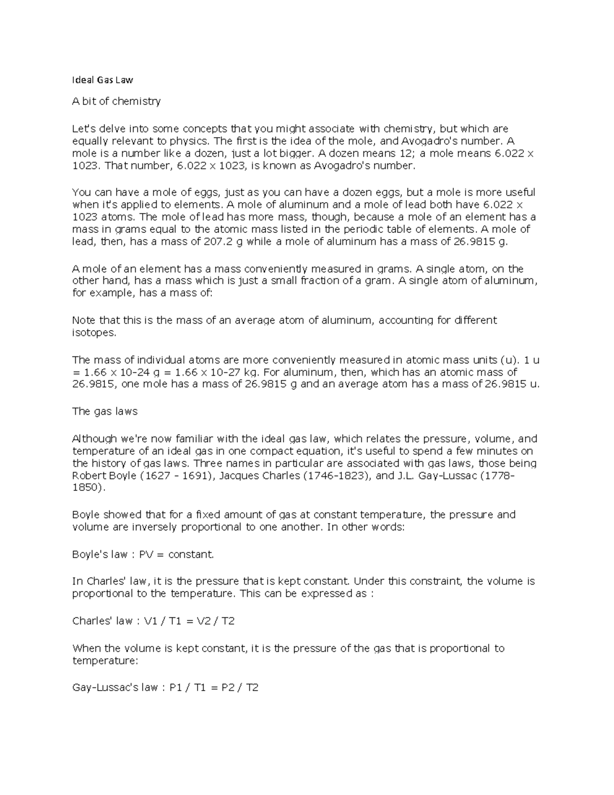 CC 1 - Lecture notes 1 - Ideal Gas Law A bit of chemistry Let's delve ...
