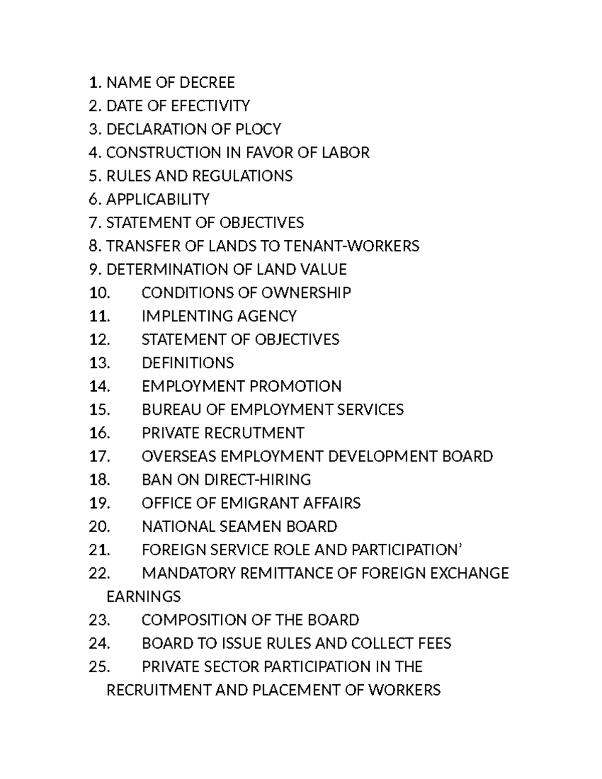 Labor code of the philippines - 1. NAME OF DECREE 2. DATE OF EFECTIVITY ...