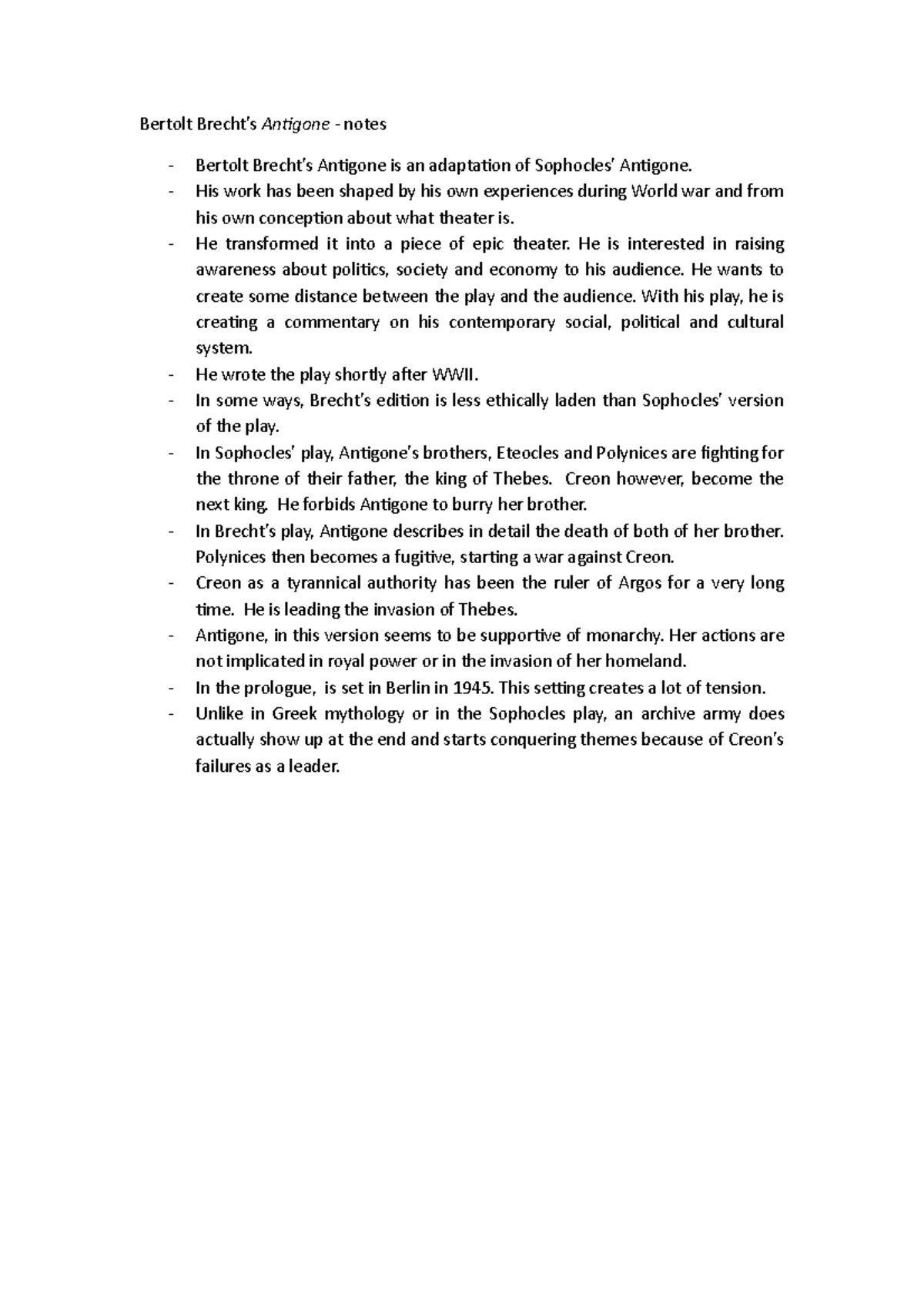 Bertolt brecht's antigone notes - Q300 - Ox - Studocu