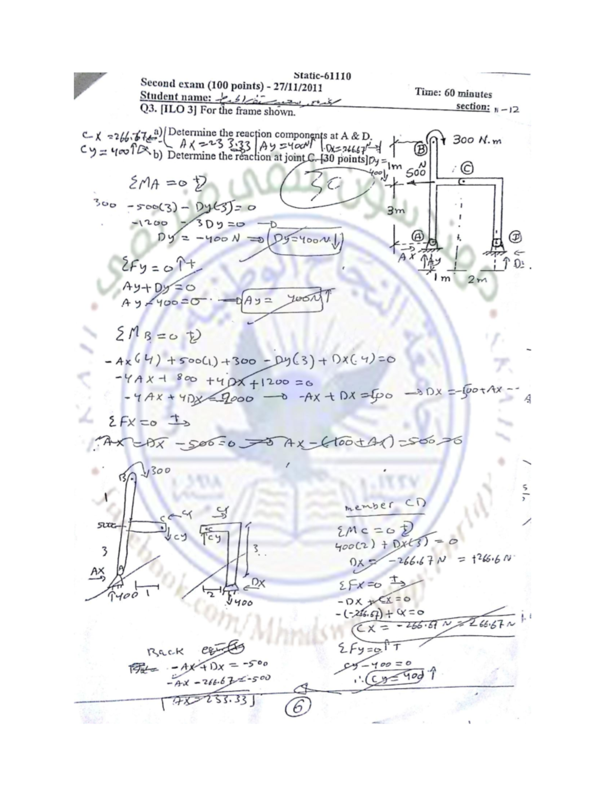Mechanics Statics-Second Exam - l 10 Second exam (100 Student name: 5 ...
